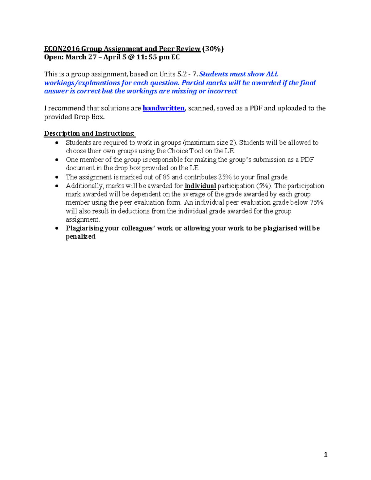 ECON2016 Group Assignment - Students must show ALL workings ...