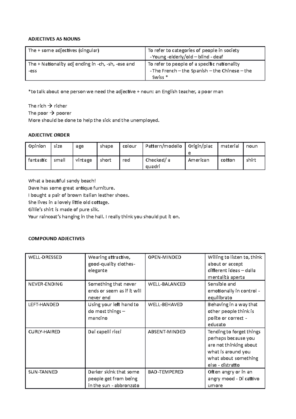 Lesson 2 - ADJECTIVES AS NOUNS, ADJECTIVE ORDER, COMPOUND ADJECTIVES ...
