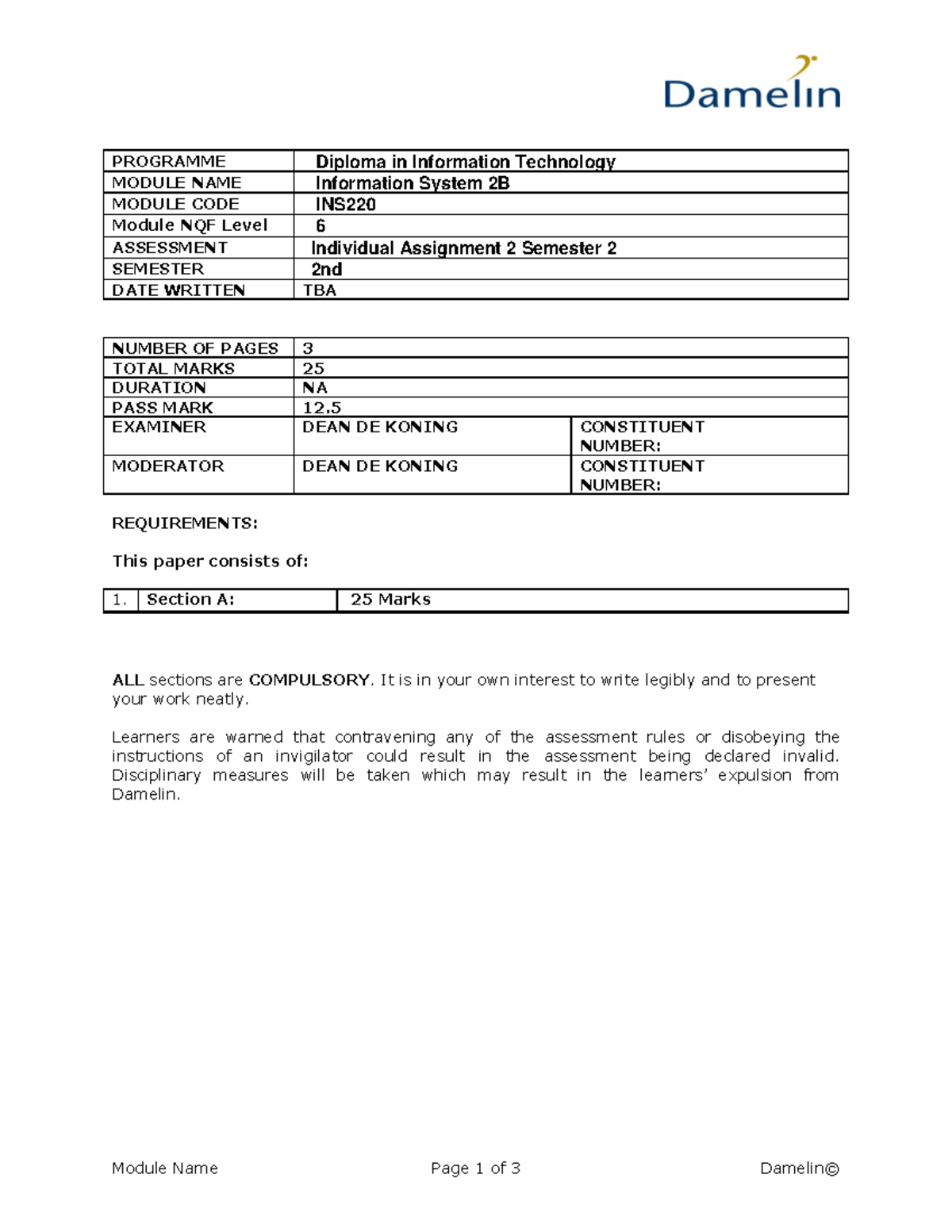 IIS2B Assignment 2 Semester 2 - Module Name Page 1 of 3 Damelin© PROGRAMME Diploma in ...