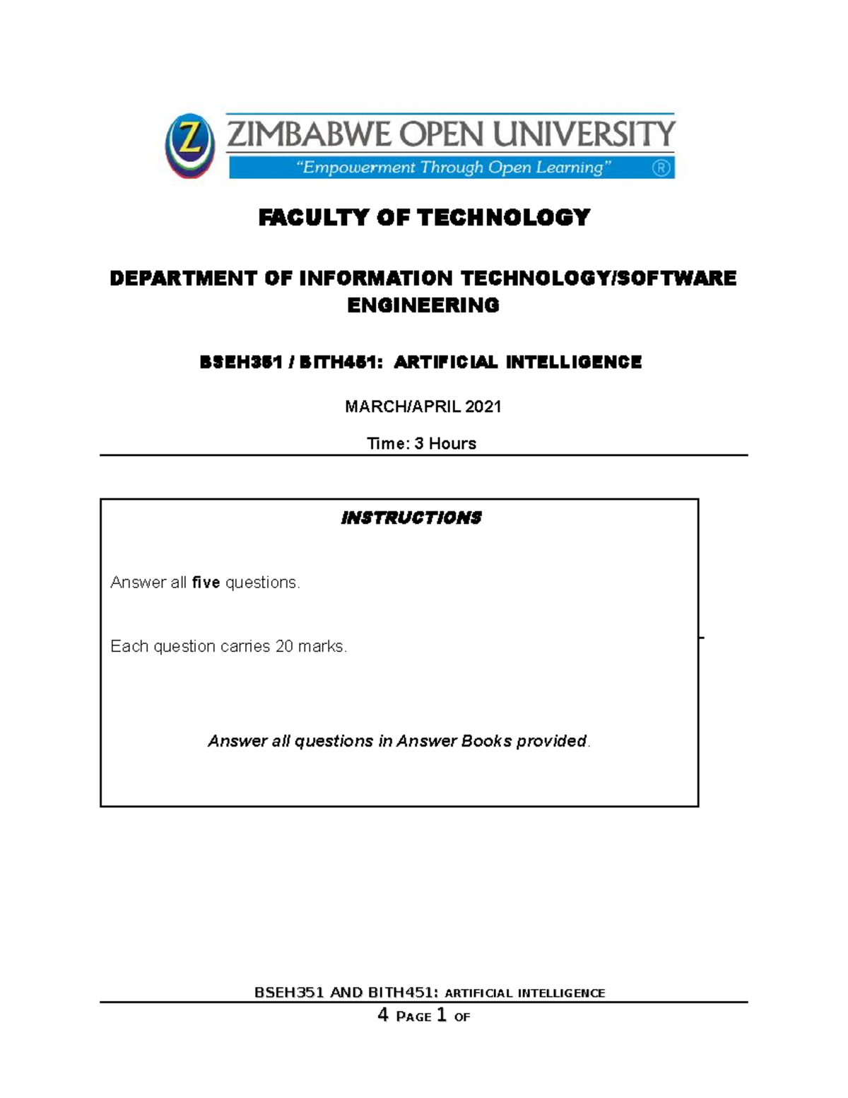 Artificial Intelligence Final exam - FACULTY OF TECHNOLOGY DEPARTMENT ...