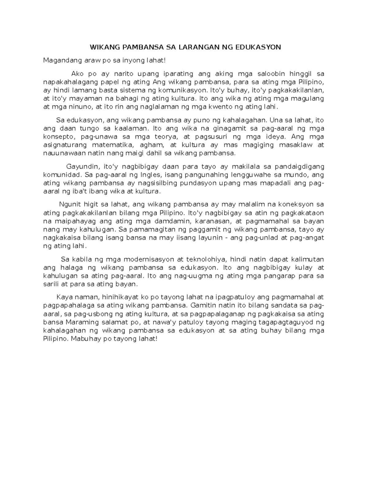 talumpati tungkol sa wika - WIKANG PAMBANSA SA LARANGAN NG EDUKASYON ...