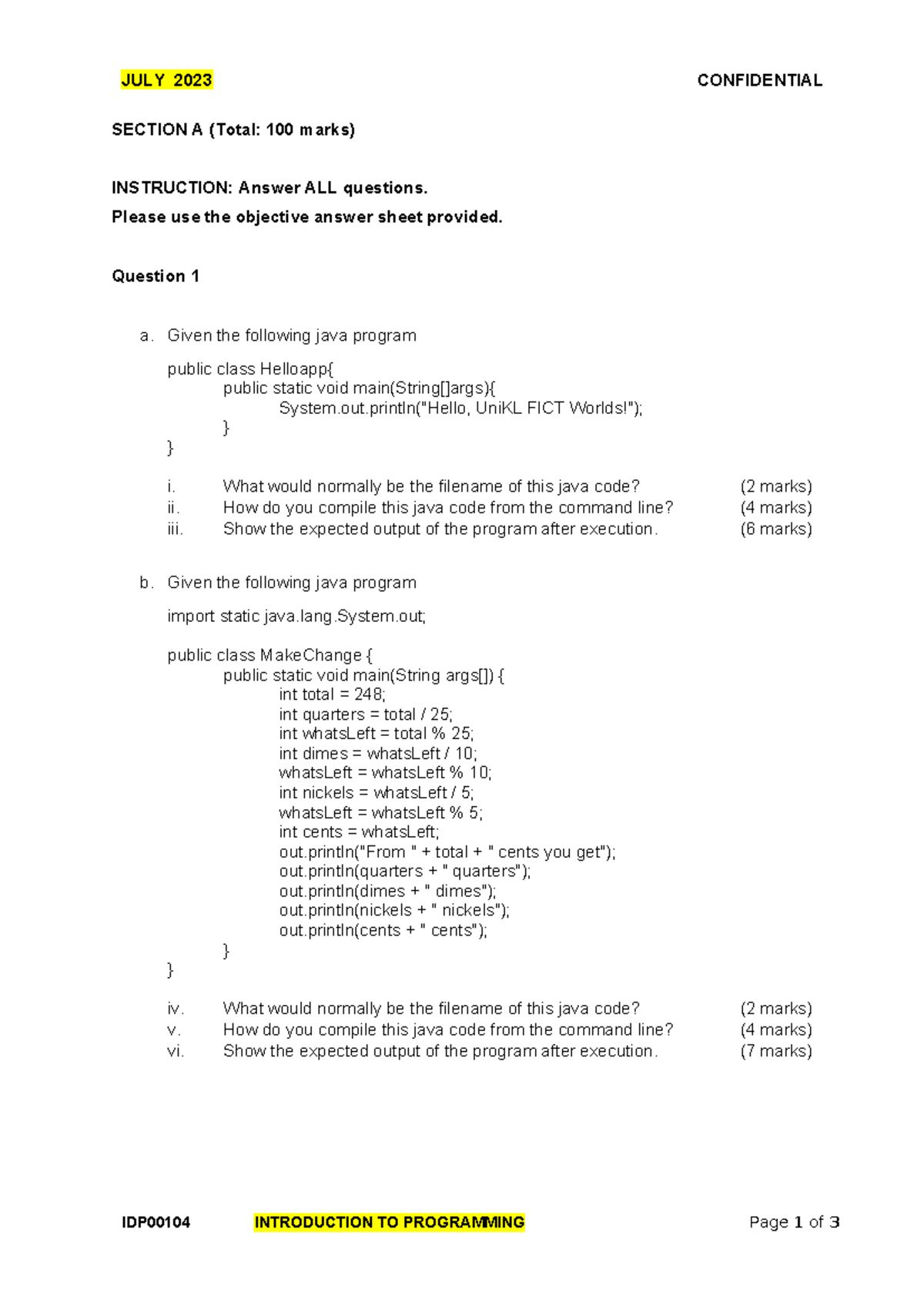 FA IDP00104 ITP July23 - final year exam - JULY 2023 CONFIDENTIAL ...