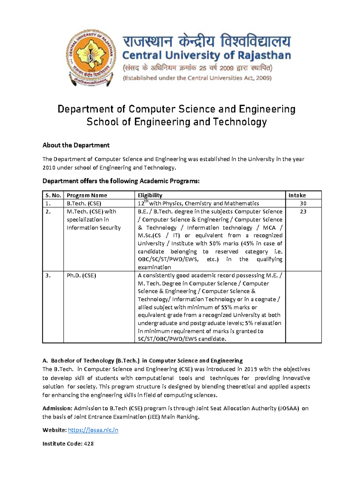 Department of Computer Science and Engineering - Department offers the following Academic ...