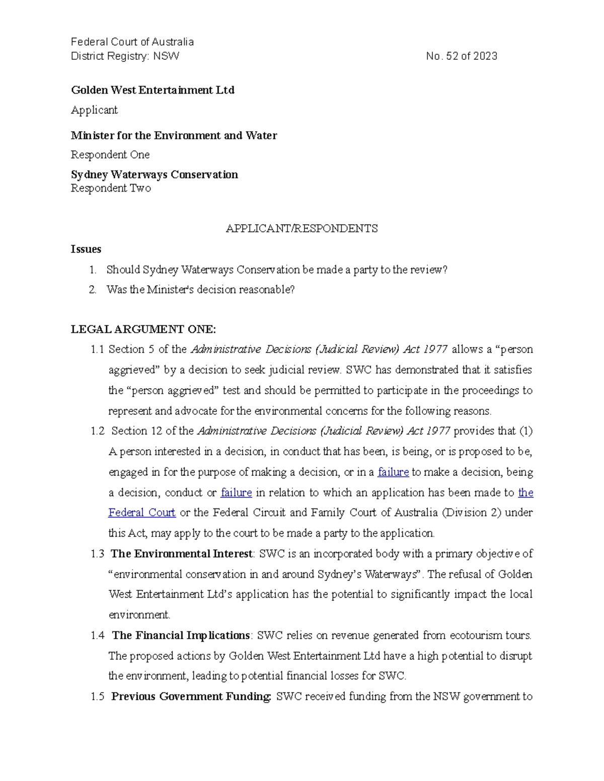 Admin Law - Moot Assessment Written Submissions - Federal Court of ...