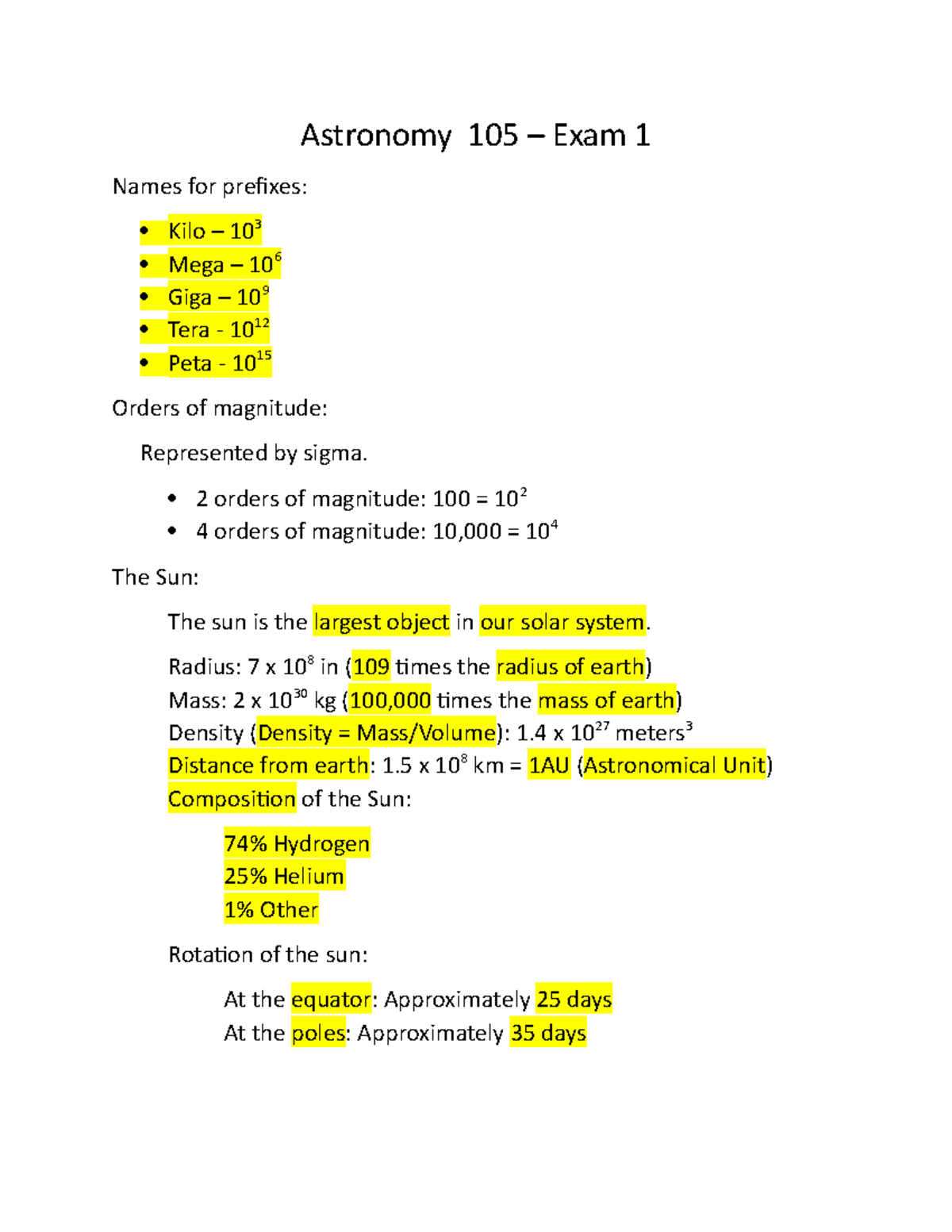 AST-A 105 Exam 1 Study Guide - Astronomy 105 Exam 1 Names for prefixes ...
