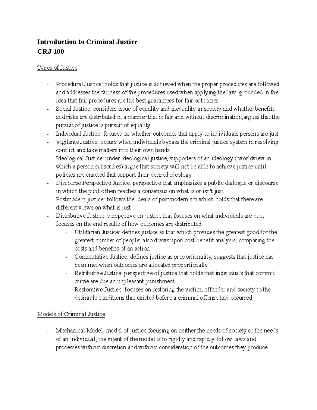 Introduction to Criminal Justice CRJ 100 - Studocu