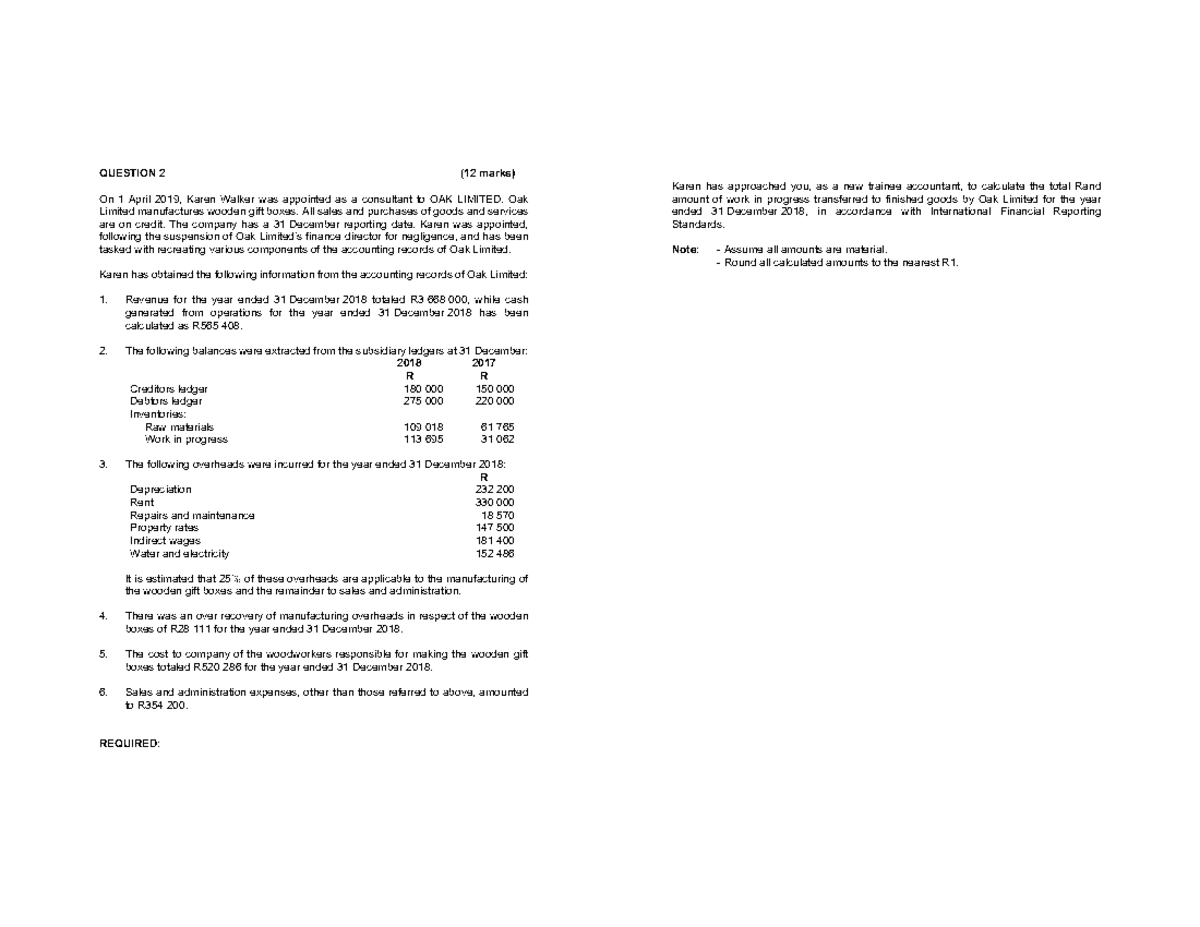 IAS 2 Class Question - QUESTION 2 ( 12 marks) On 1 April 2019, Karen ...