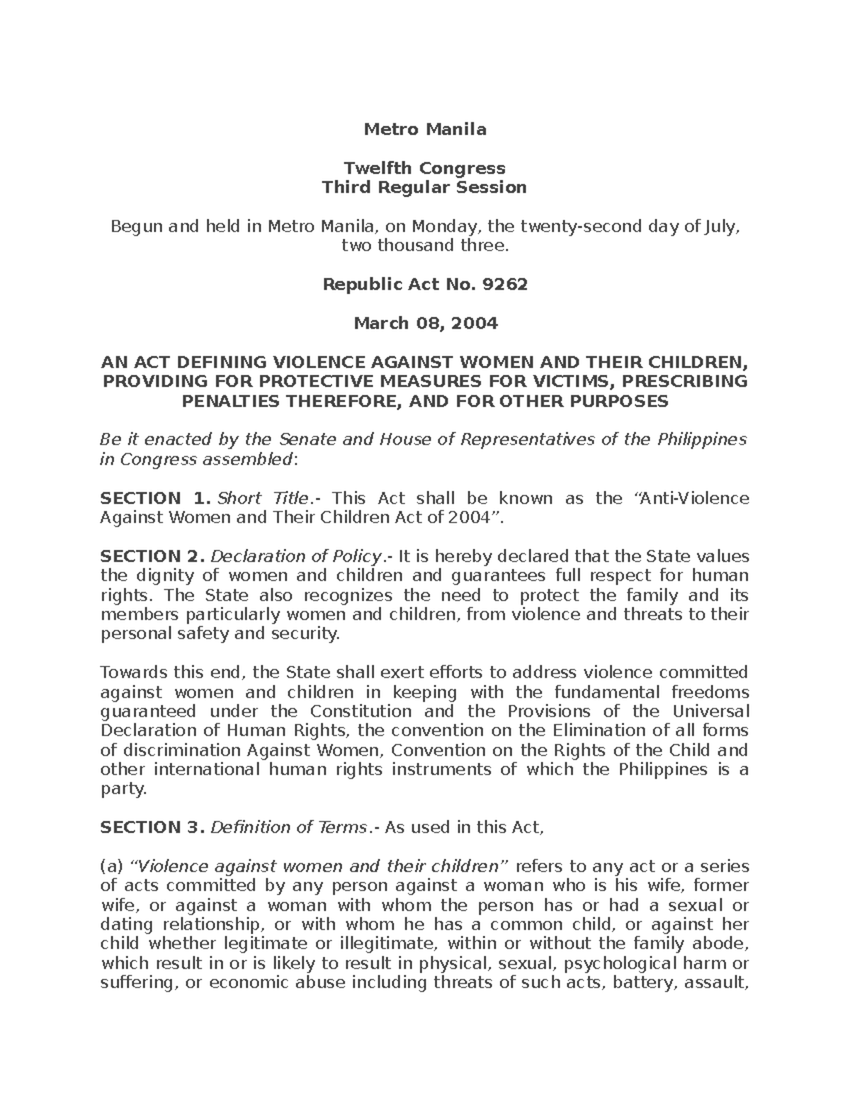 RA 9262 - law of VAWC - Metro Manila Twelfth Congress Third Regular ...