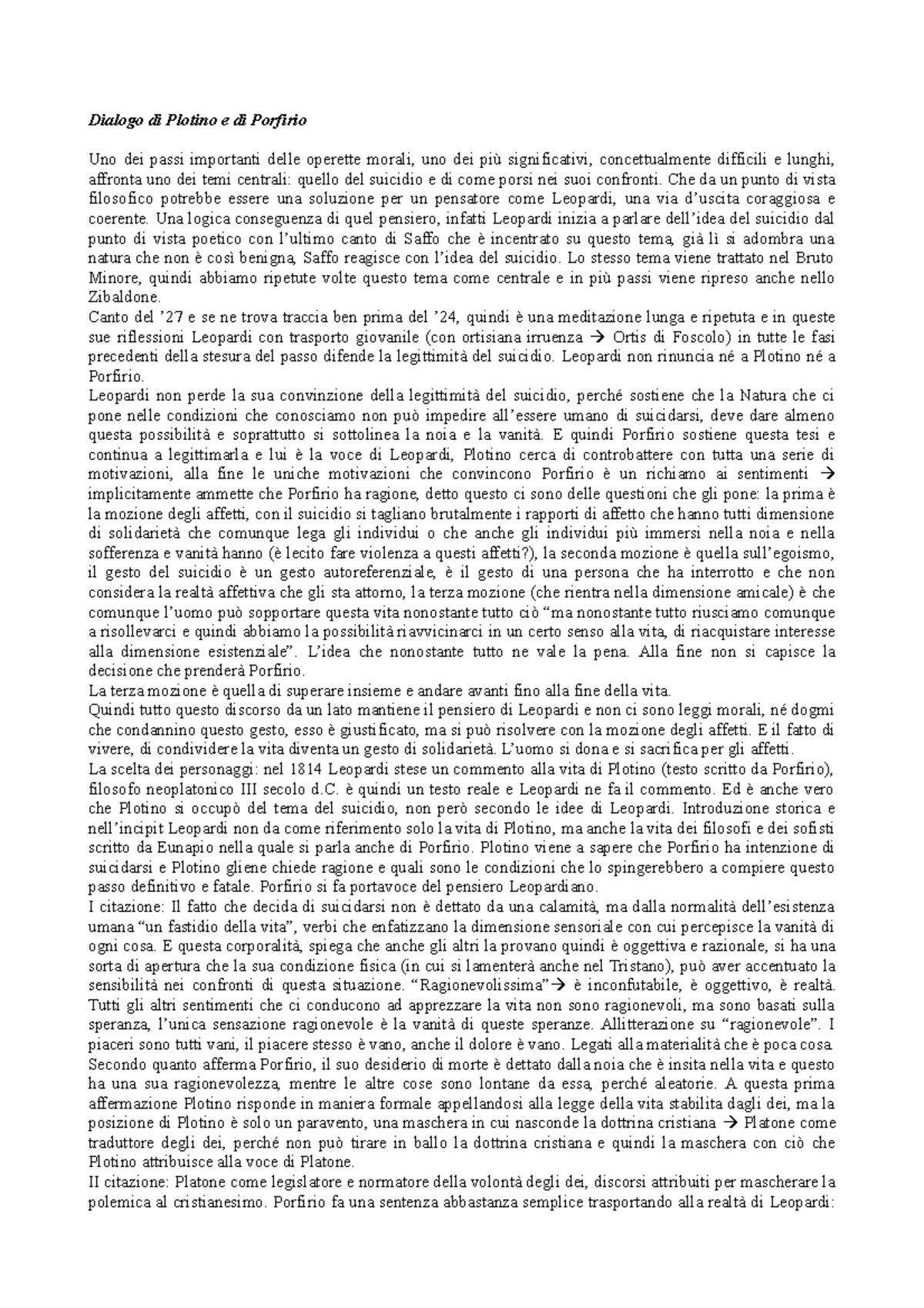 Giacomo Leopardi seconda parte - Dialogo di Plotino e di Porfirio Uno dei passi importanti delle ...