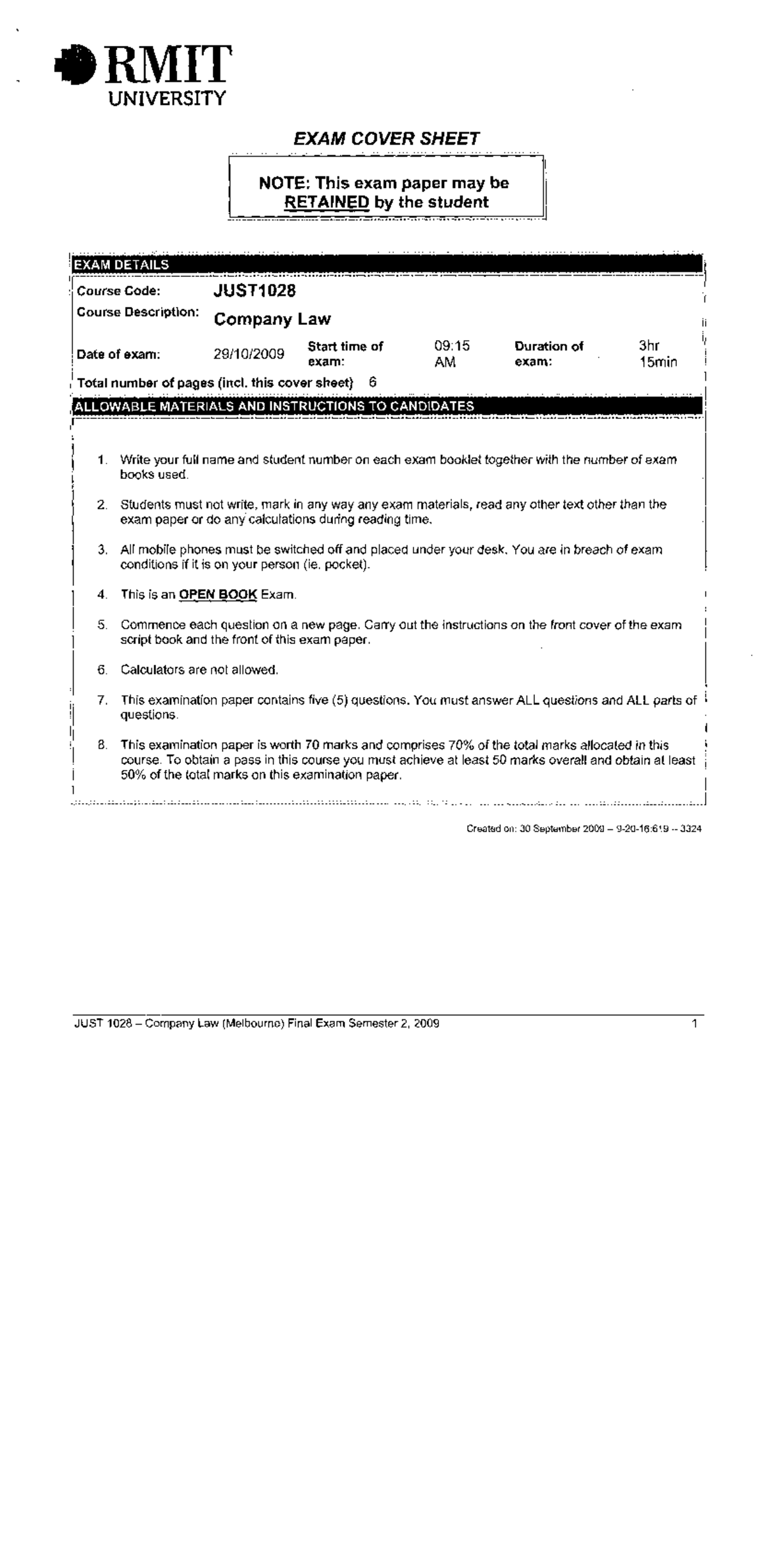 EXAM 4 2010, questions - Z .RMIT EXAM DETAILS , . Course Code: JUST1028 ...