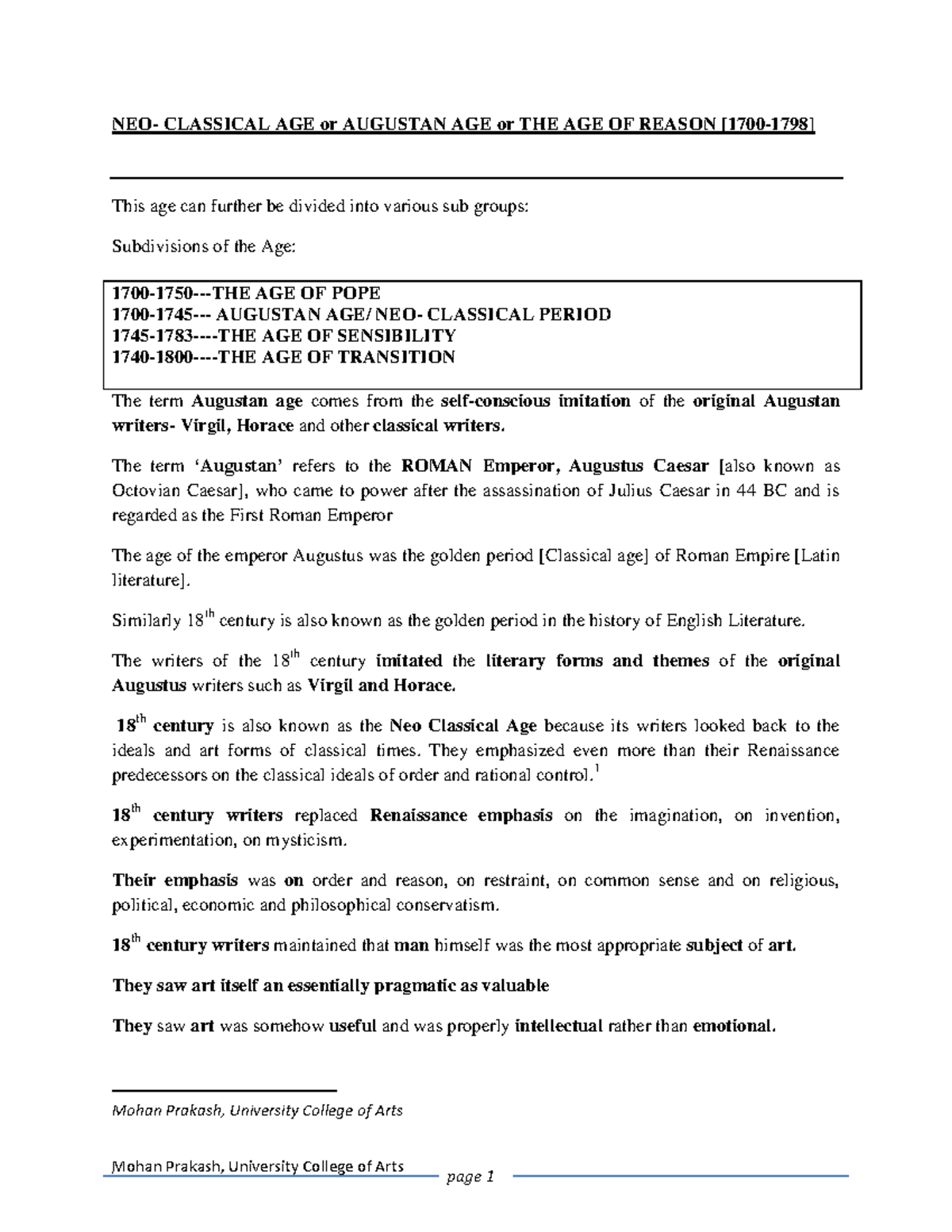Neo classical age notes 1 - Mohan Prakash, University College of Arts ...