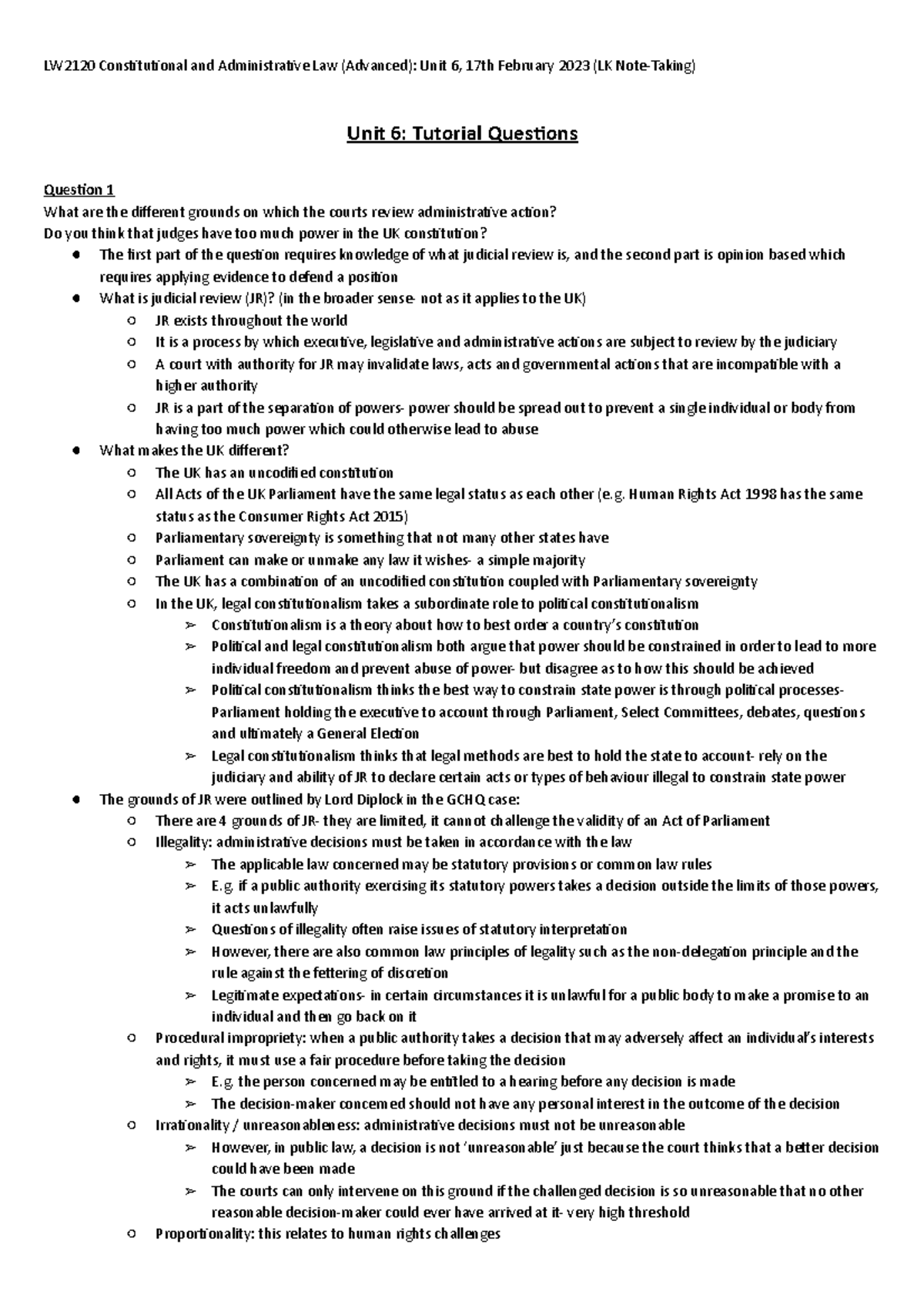 Unit 6 Judicial Review Tutorial Lecture - Unit 6: Tutorial Questions Question 1 What are the ...