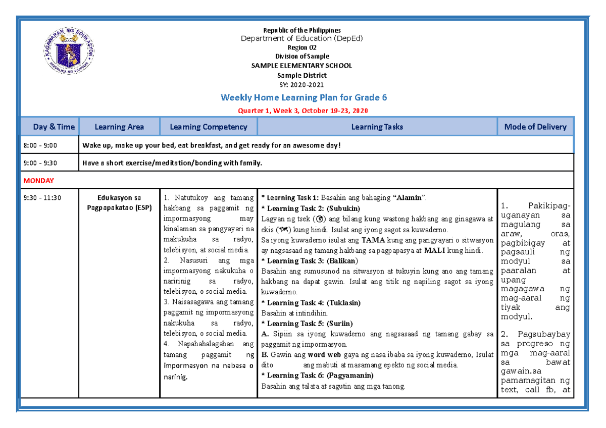 Grade 6 ALL Subjects WHLP Q1 W3 - Weekly Home Learning Plan for Grade 6 ...