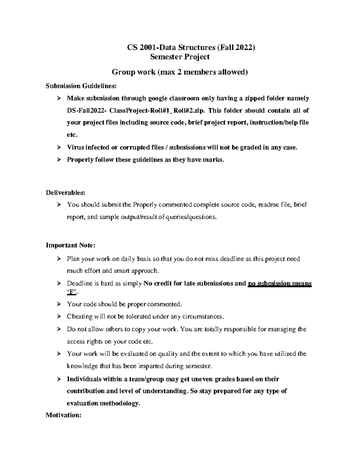 DS Project Statement Fall 2022 - CS 2001-Data Structures (Fall 2022 ...