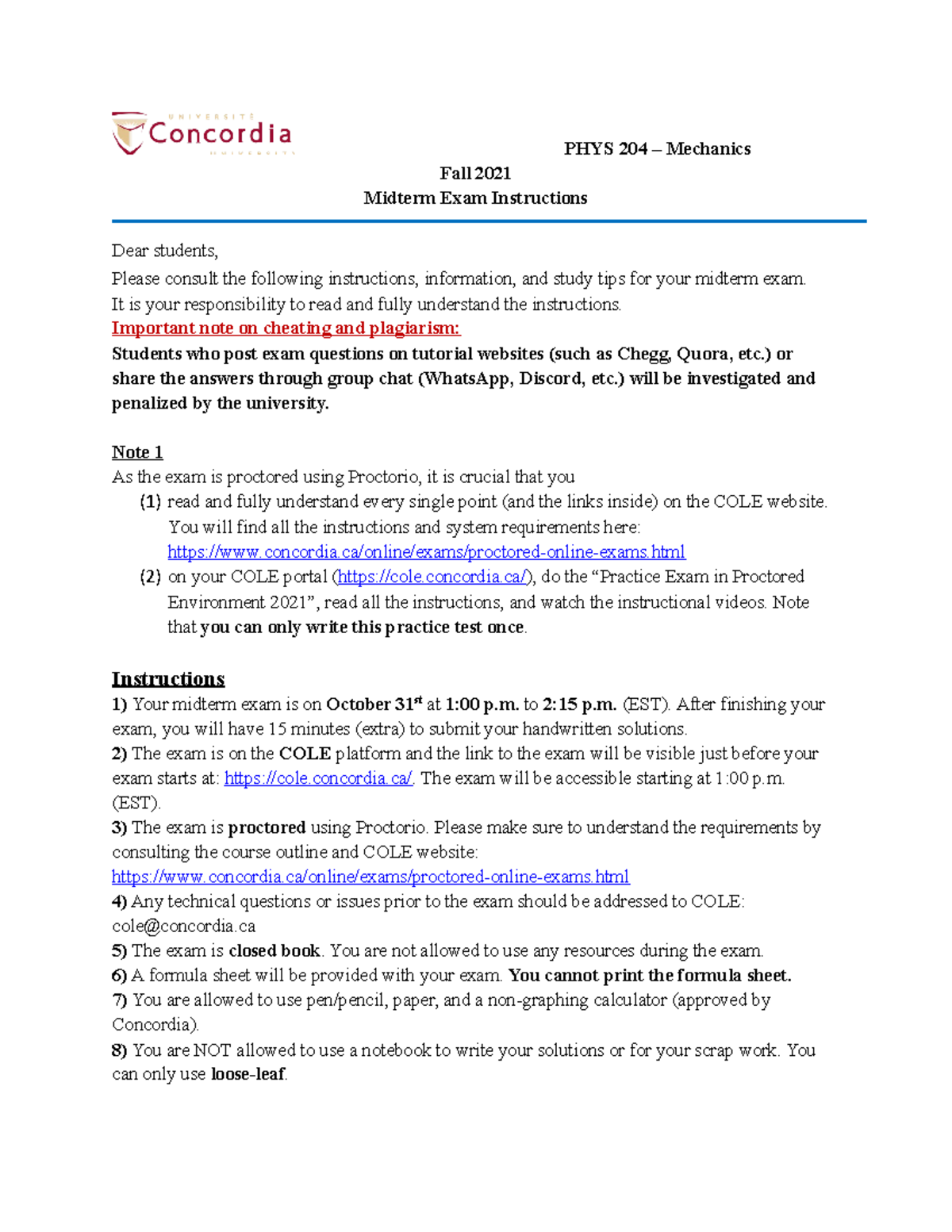 PHYS 204-Midterm Exam Instructions - Nima - Fall 2021 2 - PHYS 204 – Mechanics Fall 2021 Midterm ...