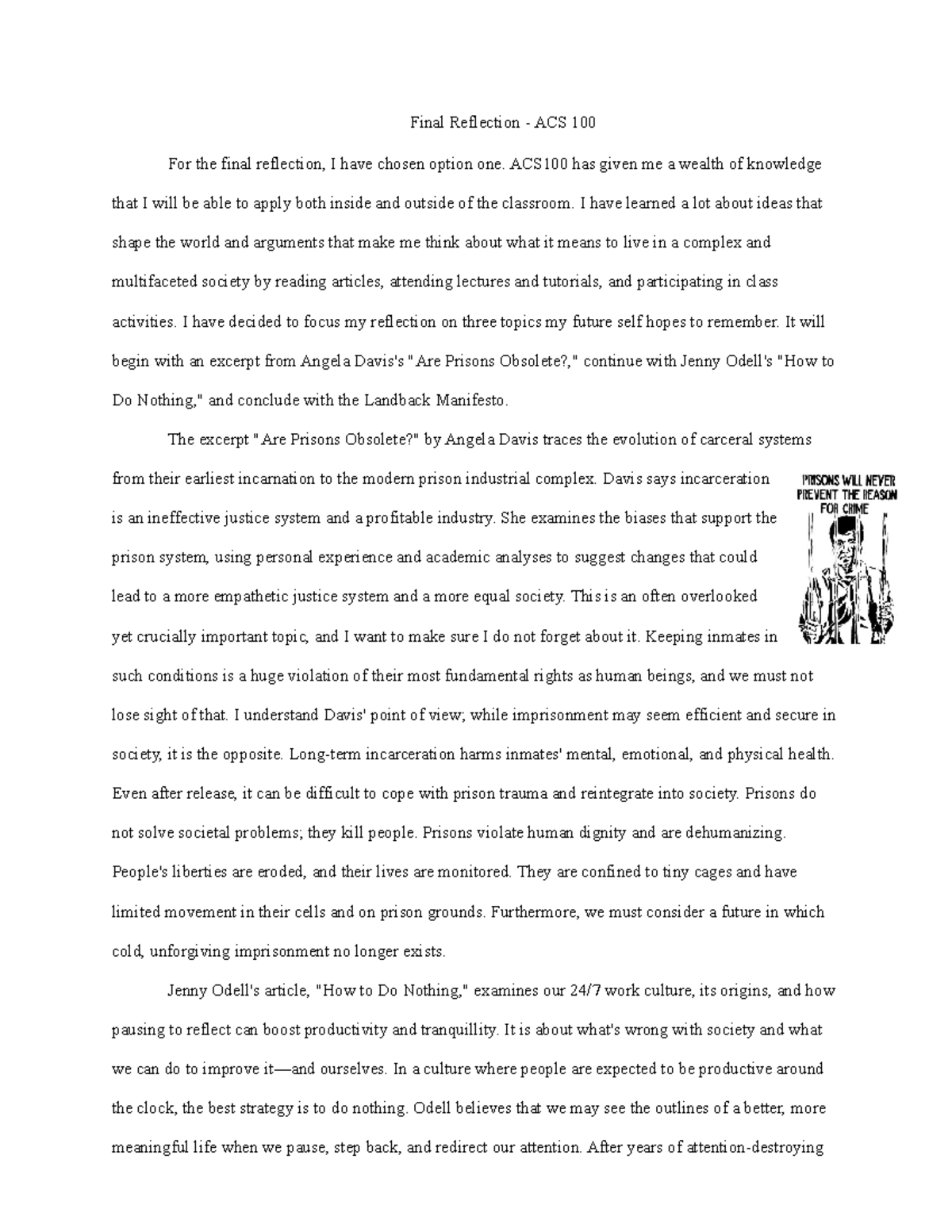 ACS100 - Final Reflection - Final Reflection - ACS 100 For the final ...