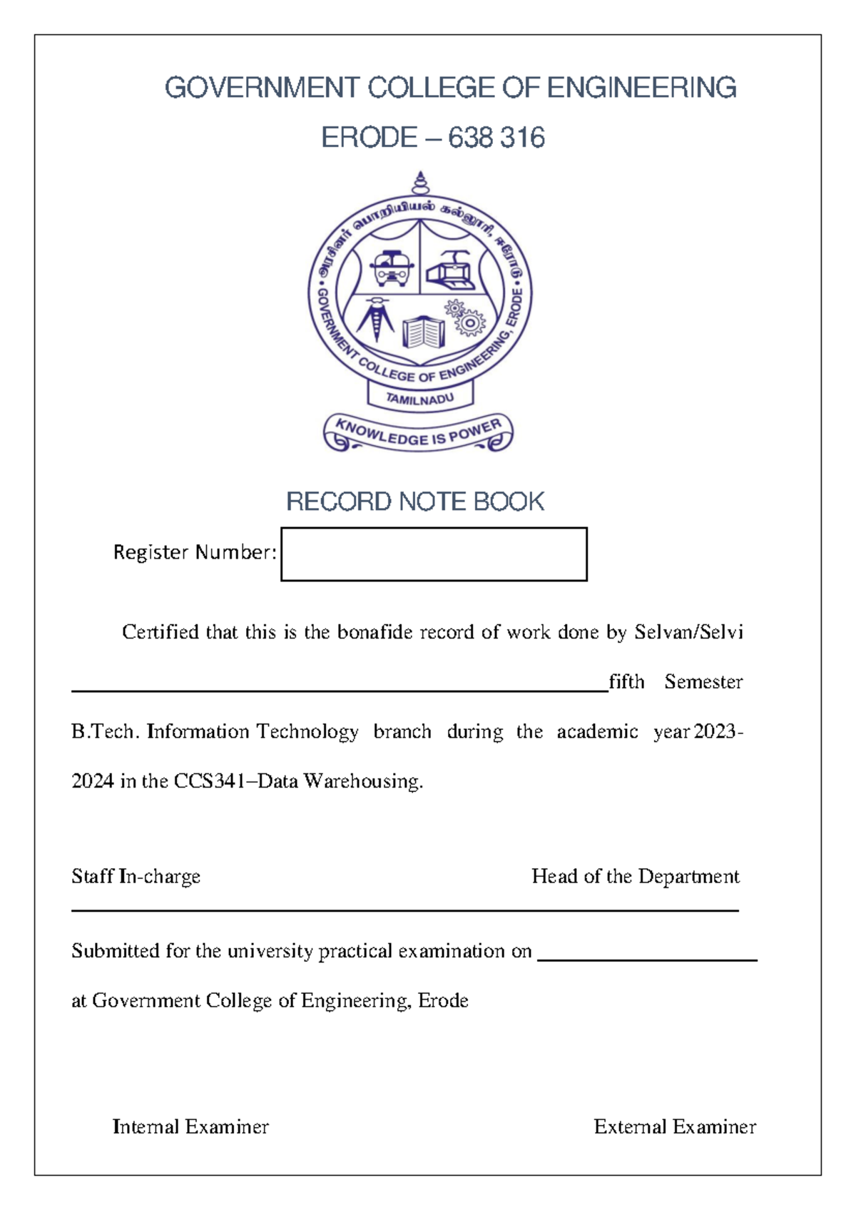 Dw lab record - GOVERNMENT COLLEGE OF ENGINEERING ERODE – 638 316 ...