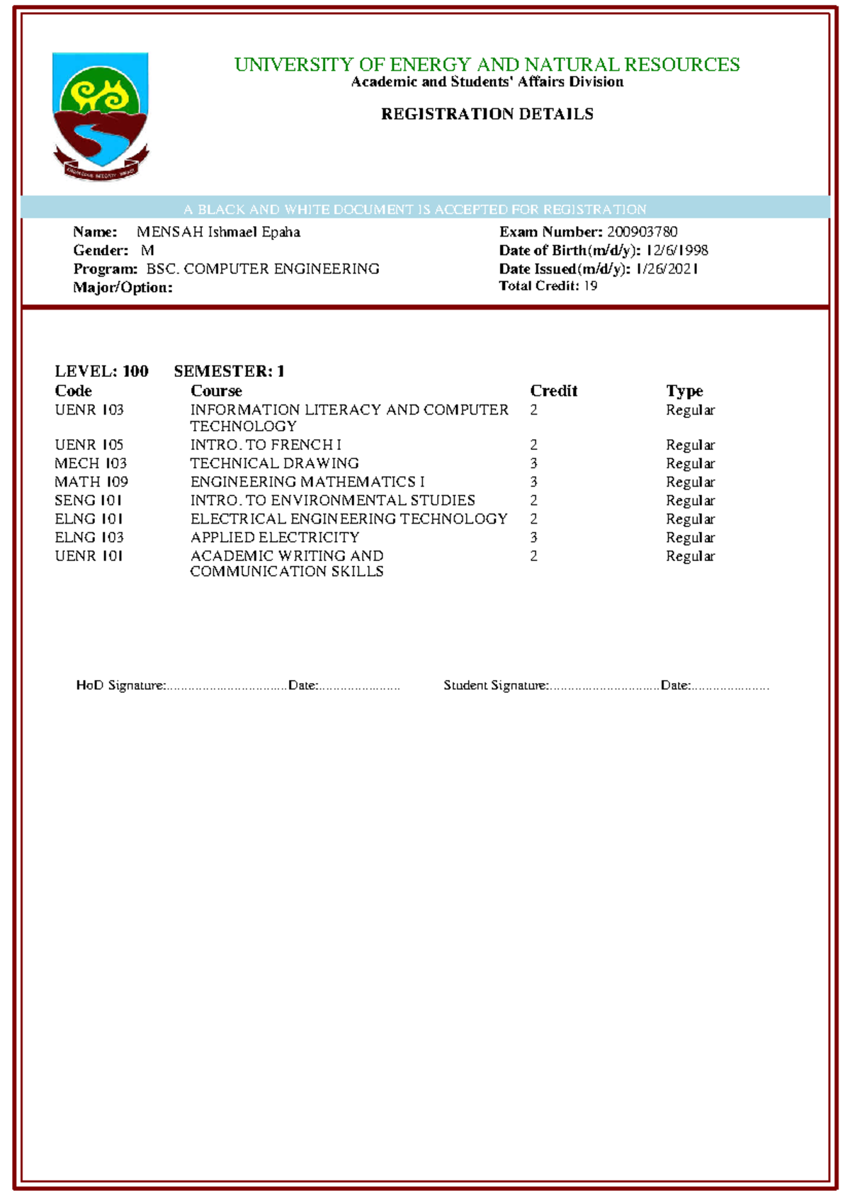 Registration form - Grade: B+ - A BLACK AND WHITE DOCUMENT IS ACCEPTED ...