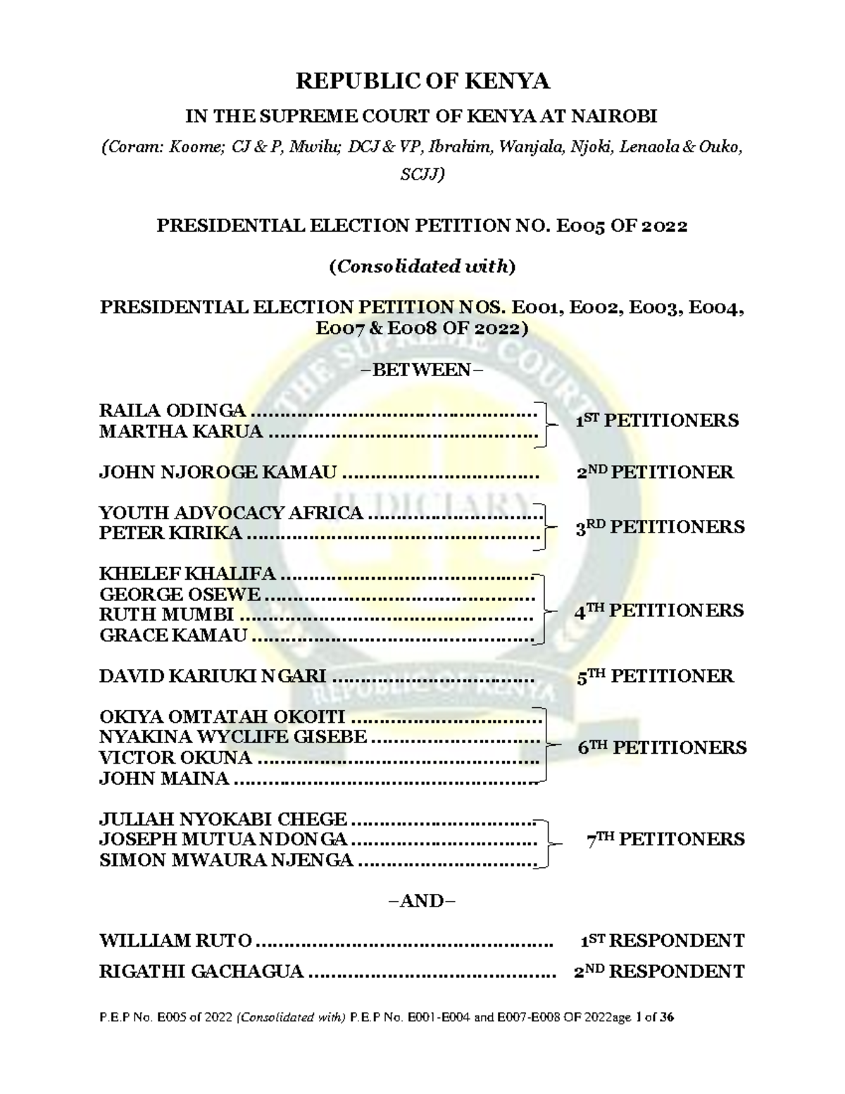 Raila v. RUTO Judgement, Election Petitions 2022, Supreme Court of ...