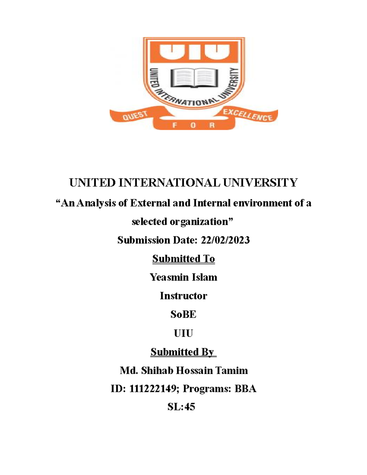 An Analysis of External and Internal environment of a selected ...