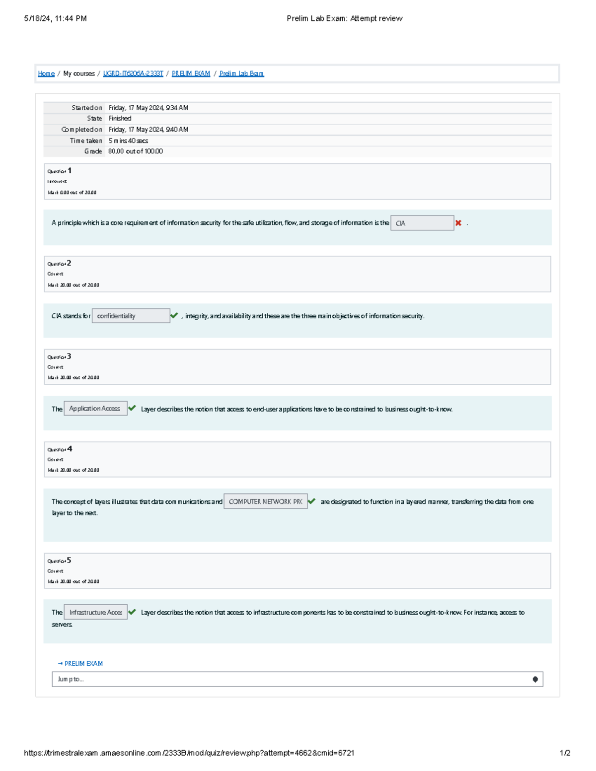 Prelim Lab Exam Attempt review- assurance lab final - Home / My courses ...