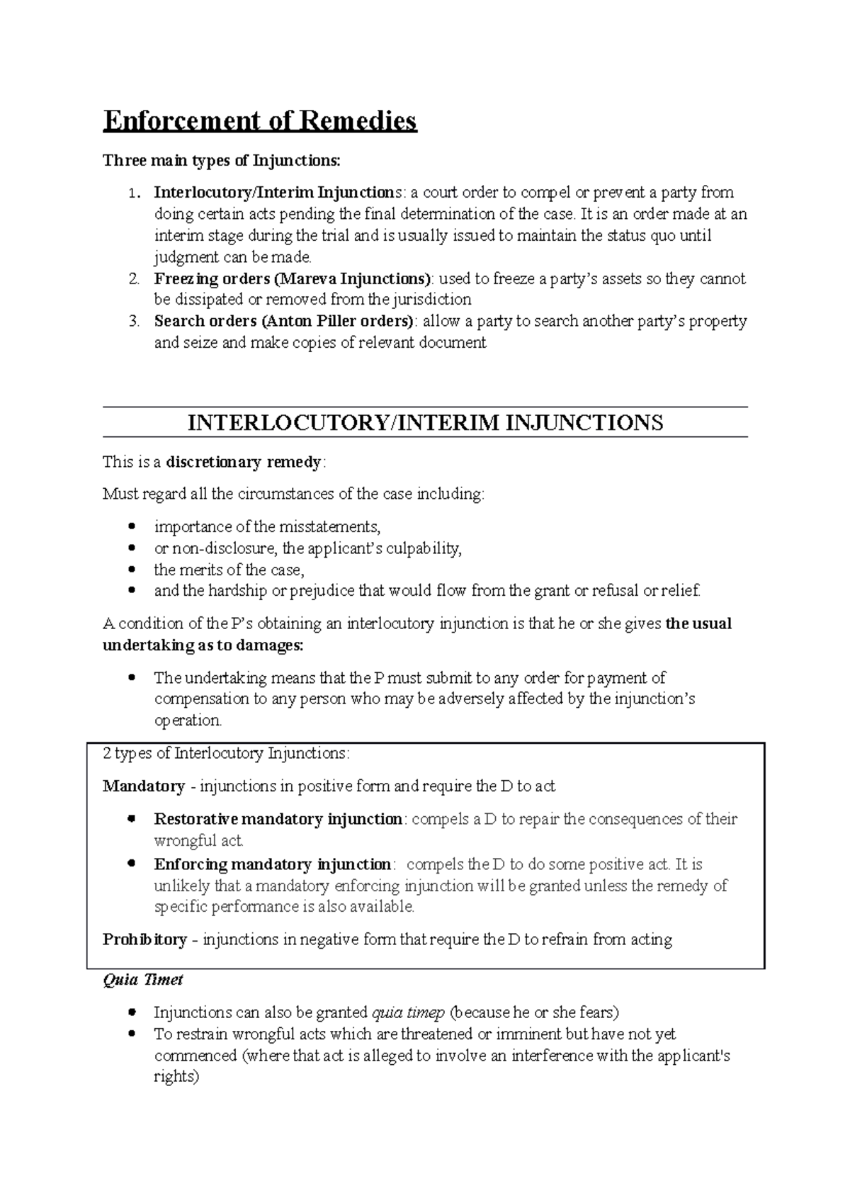 Enforcement of Remedies - Injunctions: a court order to compel or ...