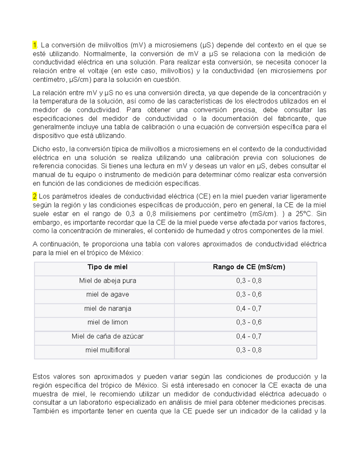 Conversiones - La conversión de milivoltios (mV) a microsiemens (μS ...