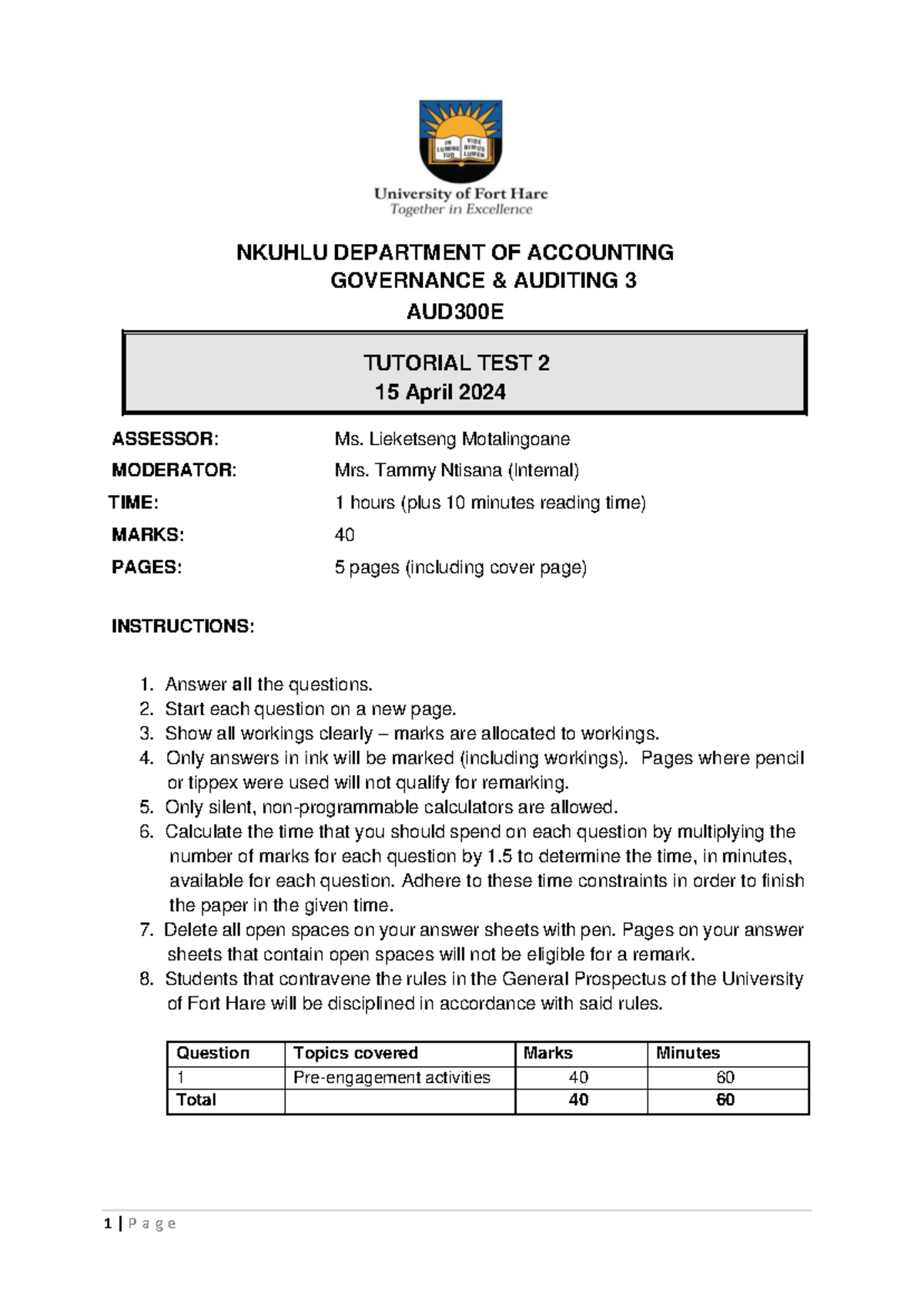 AUD 3 Tutorial Test 2 - Question final - NKUHLU DEPARTMENT OF ...