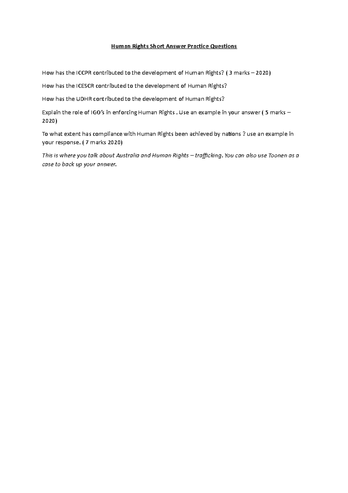 Human Rights Short Answer Practice Questions - Use an example in your ...