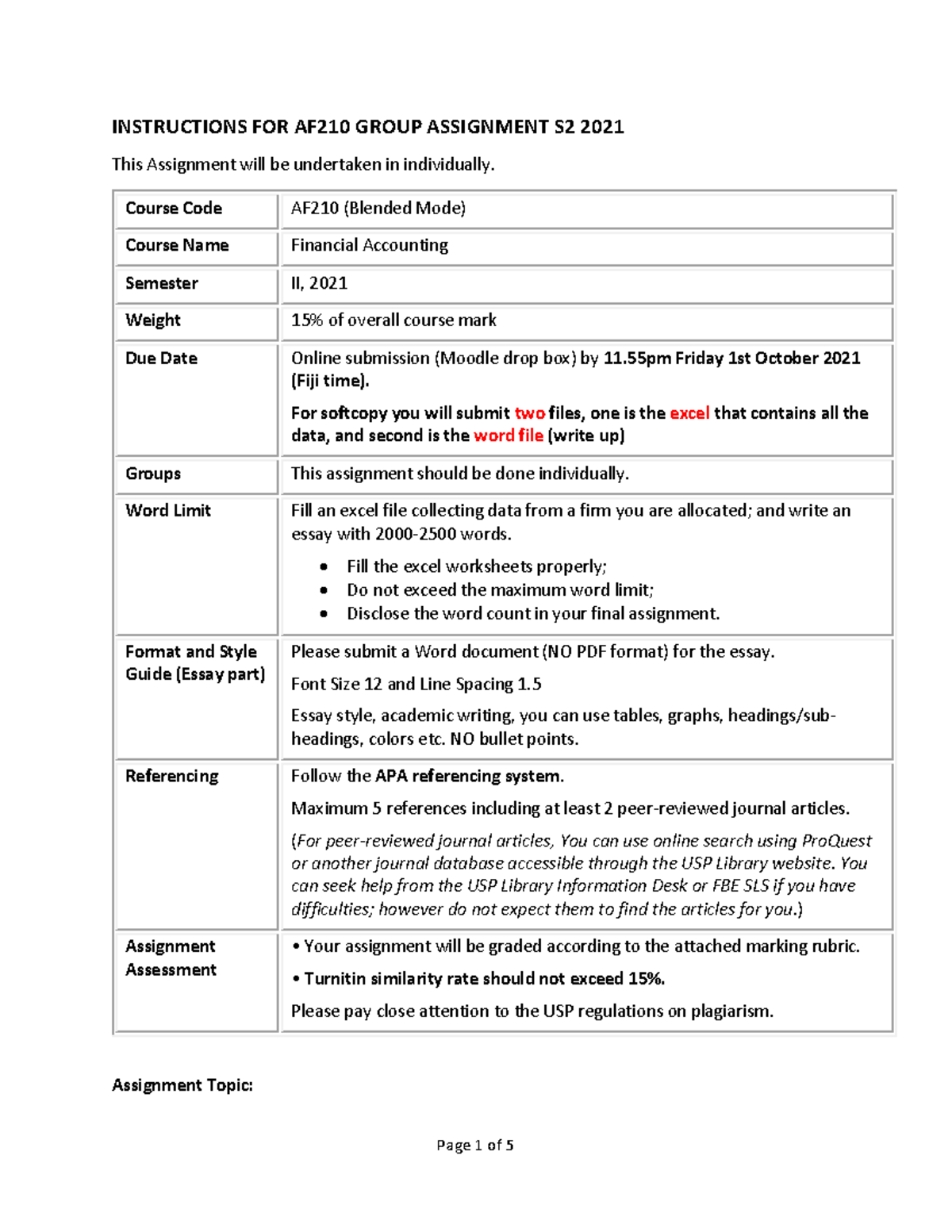 AF210 Assignment S2 2021 - INSTRUCTIONS FOR AF 210 GROUP ASSIGNMENT S2 ...