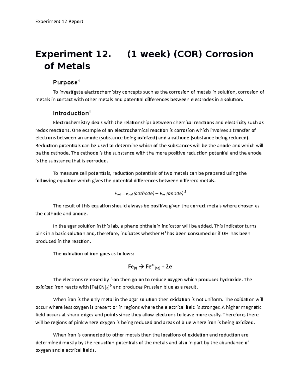Corrosion of Metals Lab - Experiment 12. (1 week) (COR) Corrosion of ...