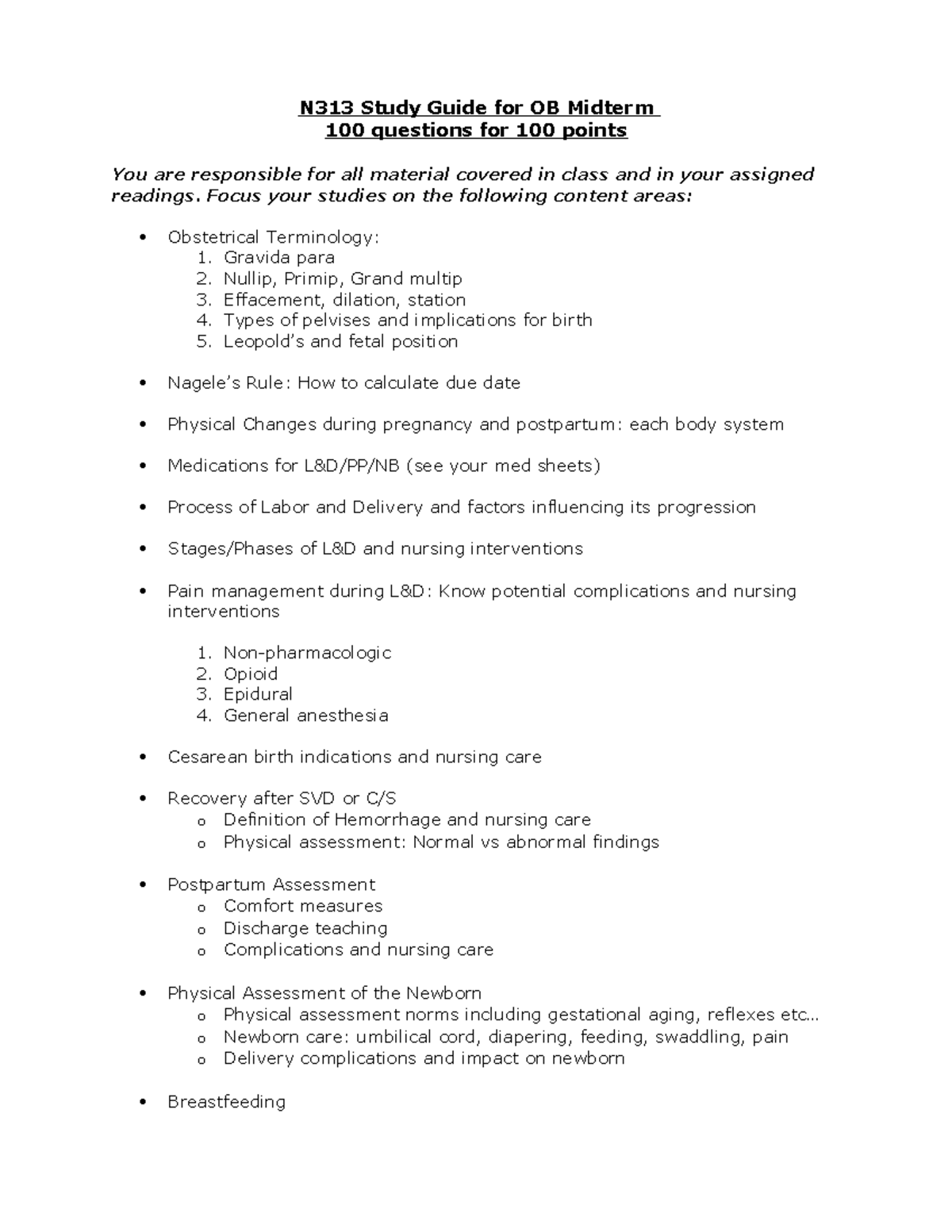 N313 OB Midterm Study guide, SP23 (1) - N313 Study Guide for OB Midterm ...