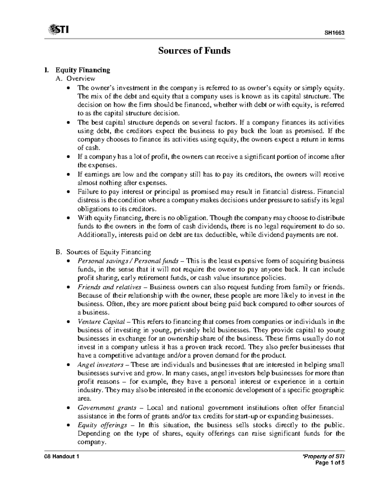 handout on finance - 08 Handout 1 *Property of STI Sources of Funds I ...