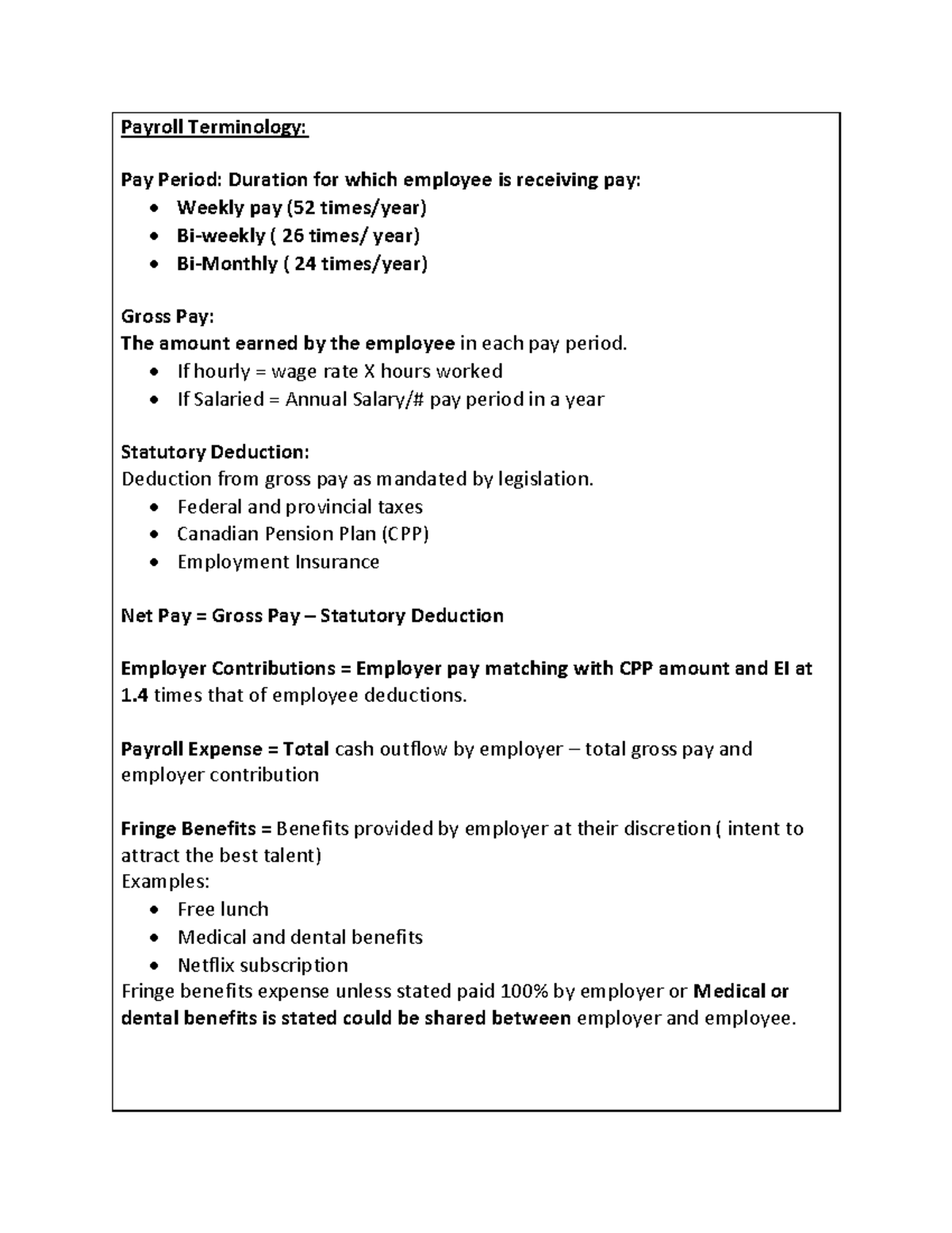 Payroll Assignment Notes - Payroll Terminology: Pay Period: Duration ...