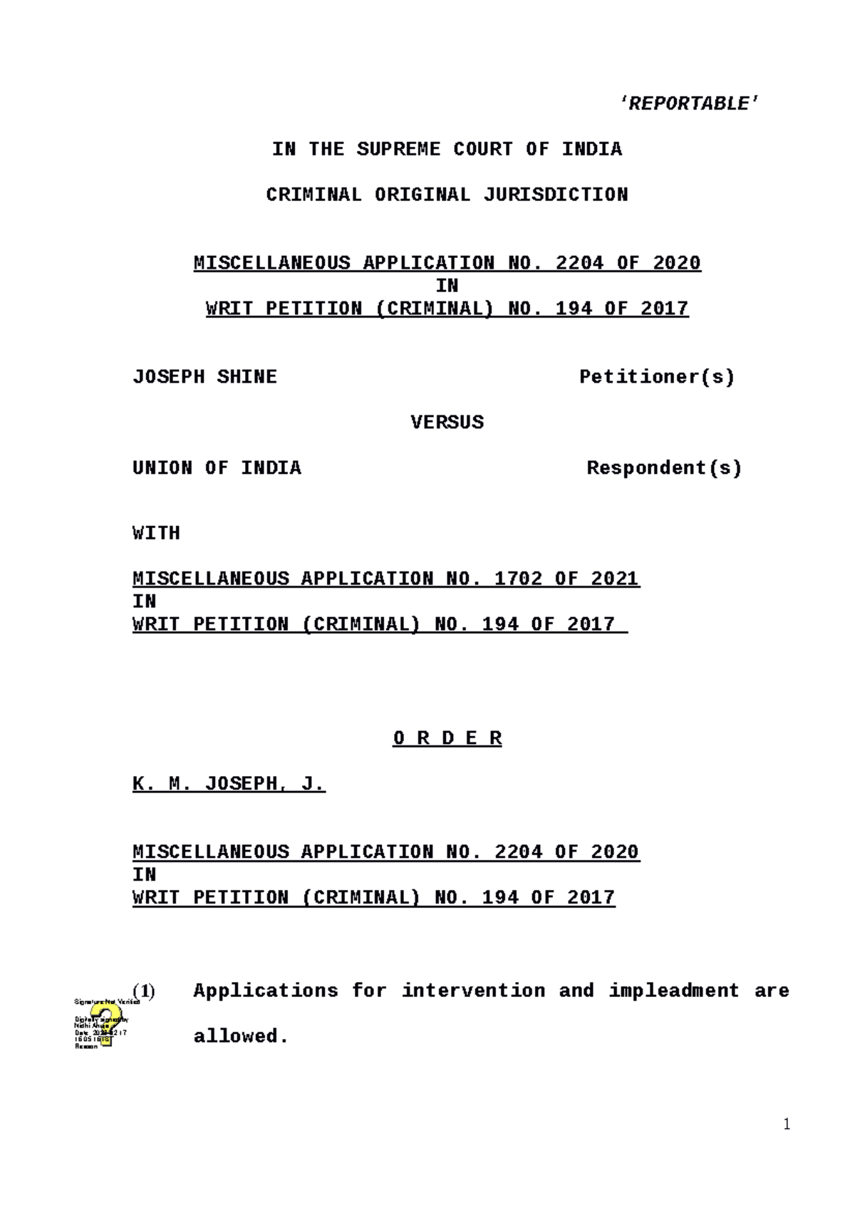 Joseph shine - Summary Criminal Procedure Code – II - ‘REPORTABLE’ IN ...
