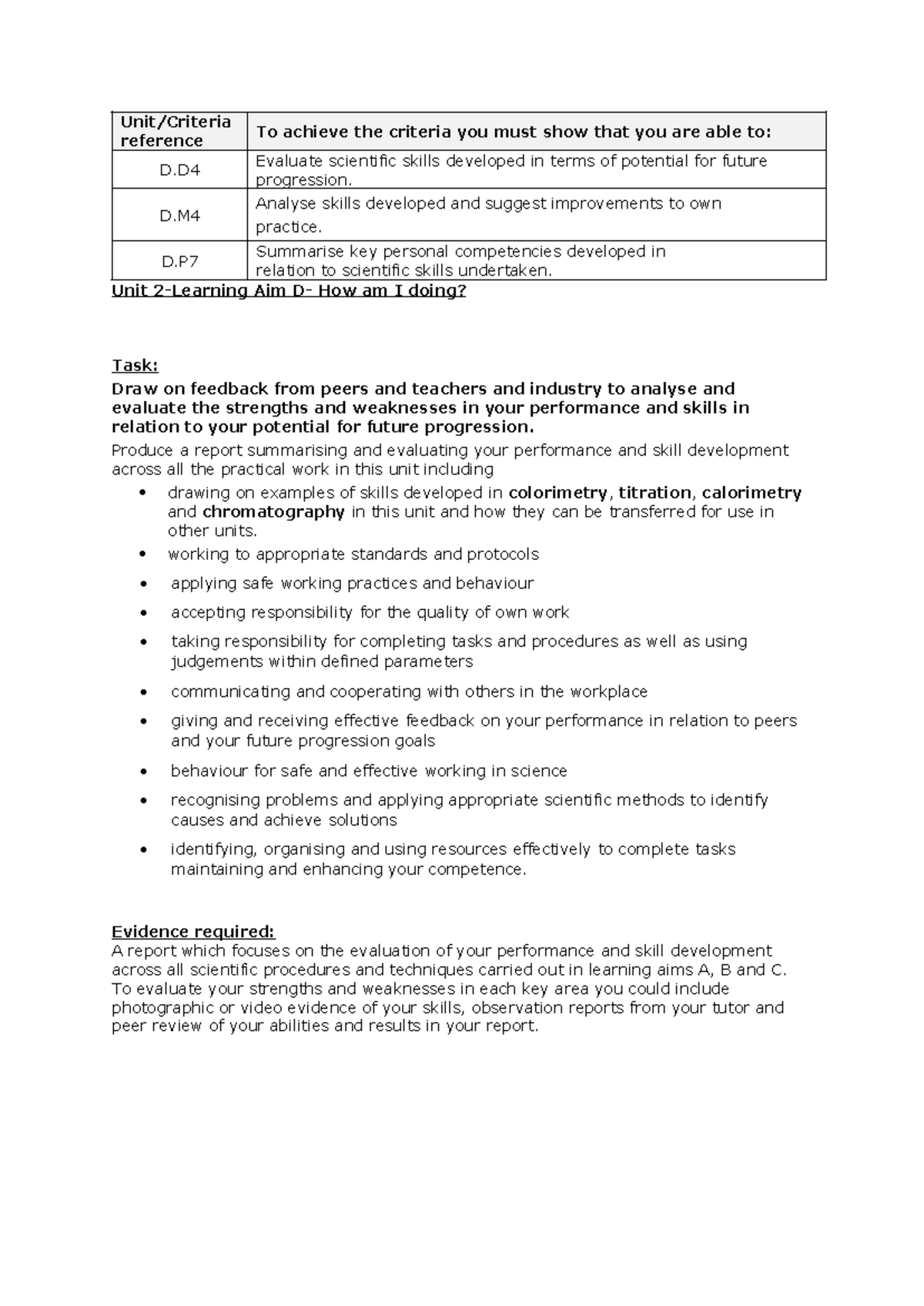 Learning Aim D Write-Up Support Sheet - Unit/Criteria reference To ...
