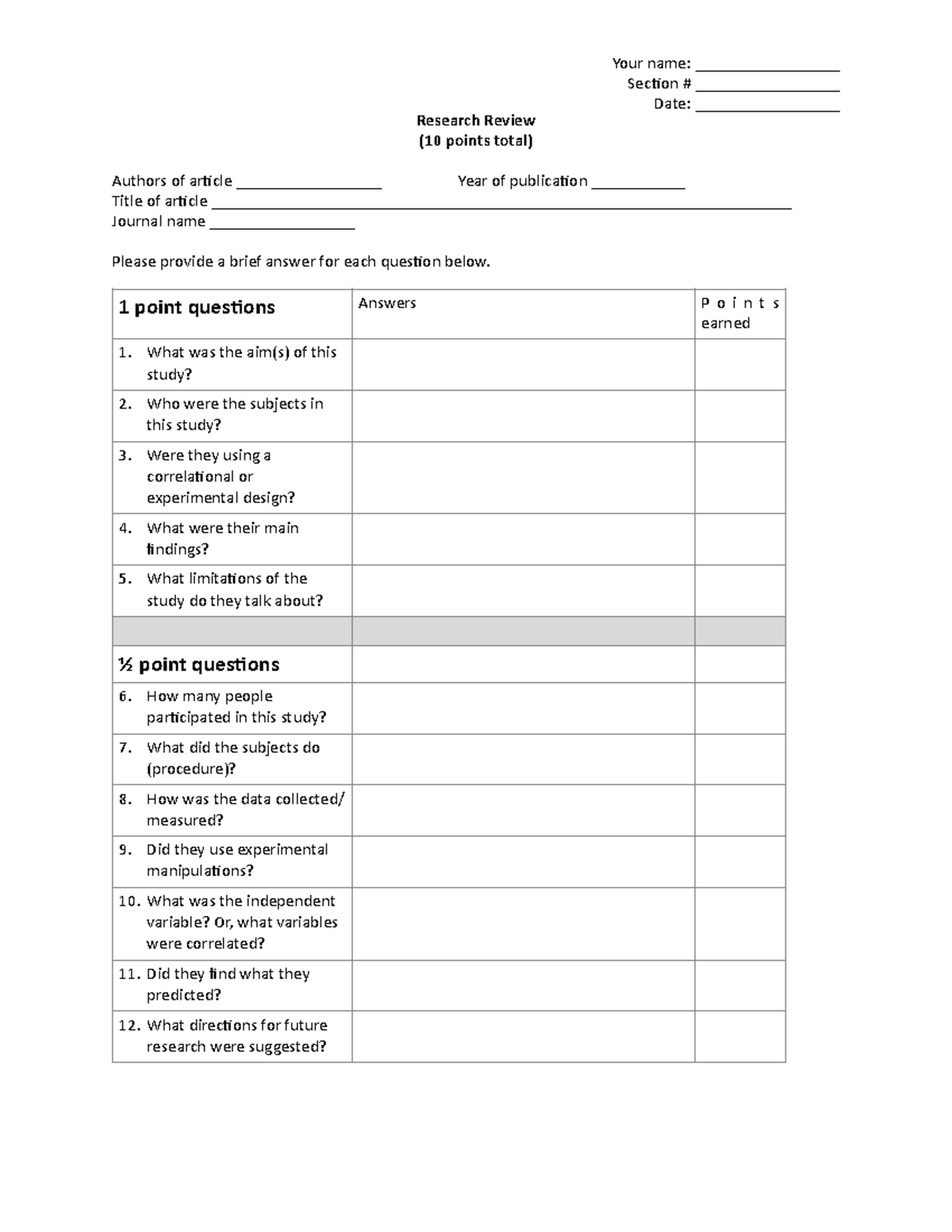 Research Reviews With Grading - Your name: _________________ Sec ...