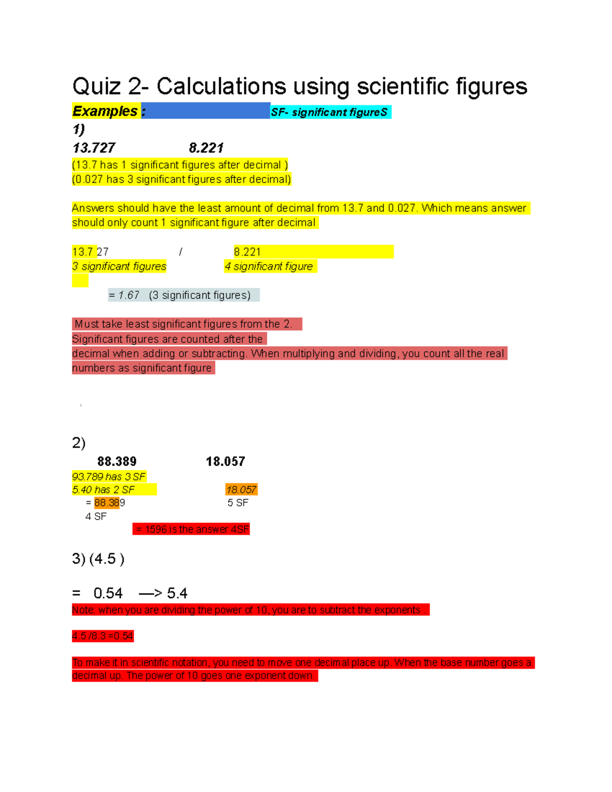Quiz 2- Calculations using scientific figures - (13 has 1 significant ...