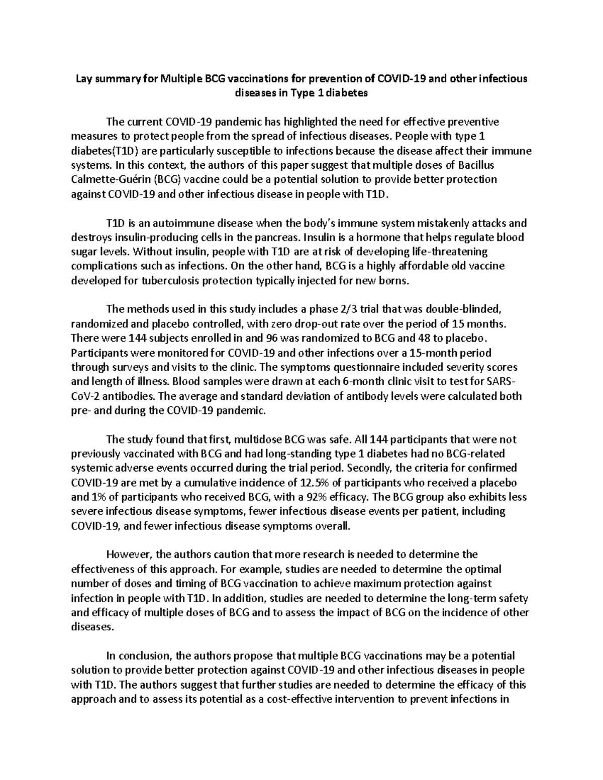 Assignment 1 - Lay Summary - Lay summary for Multiple BCG vaccinations ...