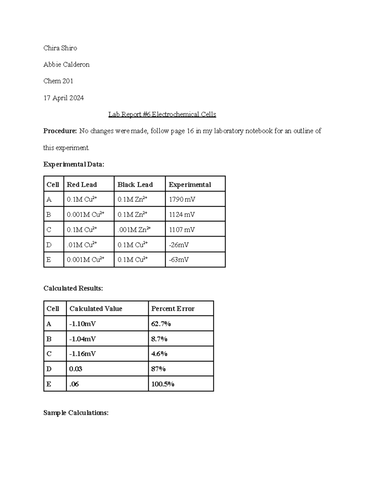 Electrochemical Cells Lab Report - Chira Shiro Abbie Calderon Chem 201 ...