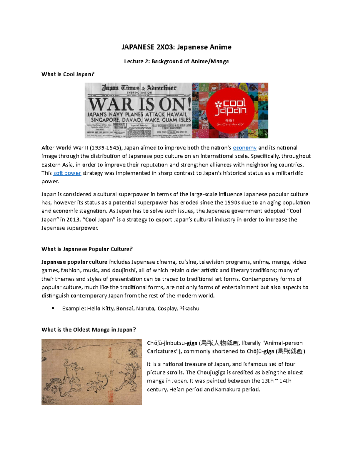 J Apanese 2X03 Lecture 2 - JAPANESE 2X03: Japanese Anime Lecture 2 ...