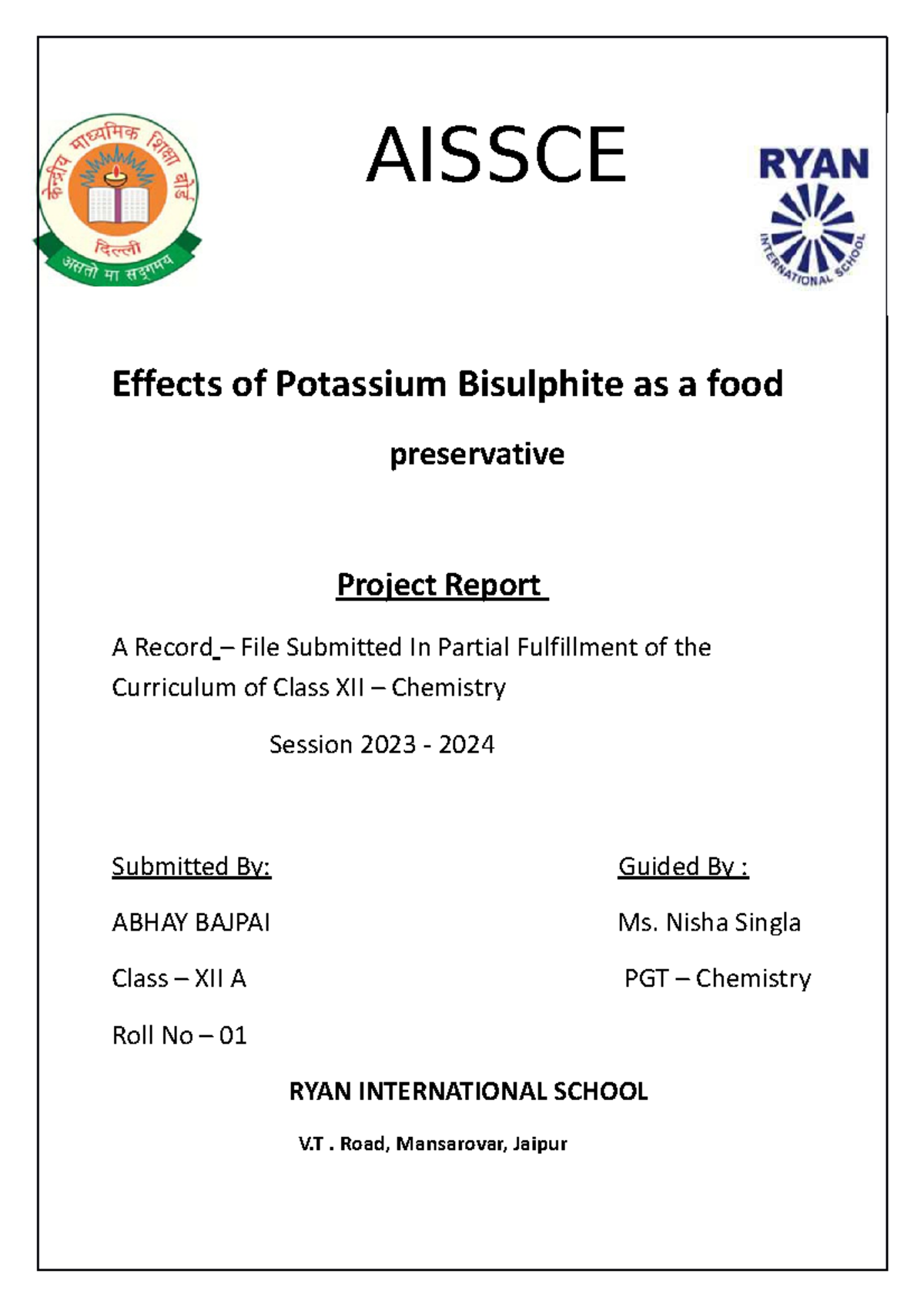 Chem - AISSCE Effects of Potassium Bisulphite as a food ...