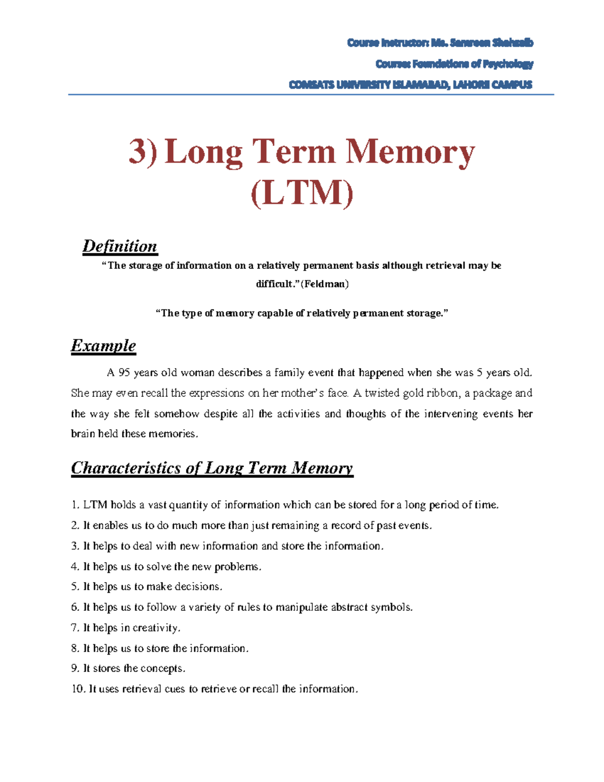 LTM & Types - BEST LECTURE NOTES - 3) Long Term Memory (LTM) Definition ...