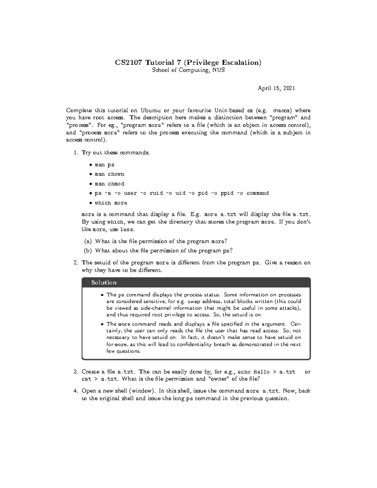 2021 tutorial 8 answer - CS2107 Tutorial 7 (Privilege Escalation ...