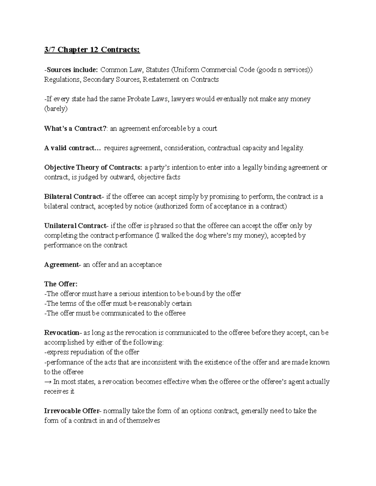 MGT 220 Notes - 3/7 Chapter 12 Contracts: Sources include: Common Law ...