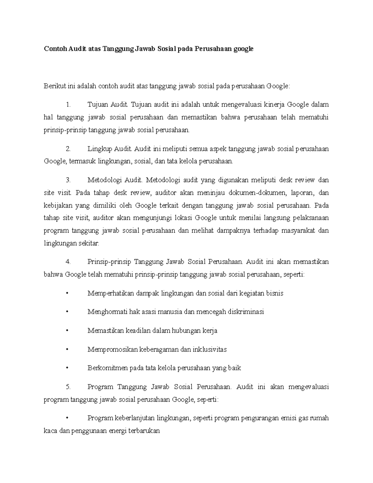 Contoh Audit atas Tanggung Jawab Sosial pada Perusahaan google - Tujuan ...