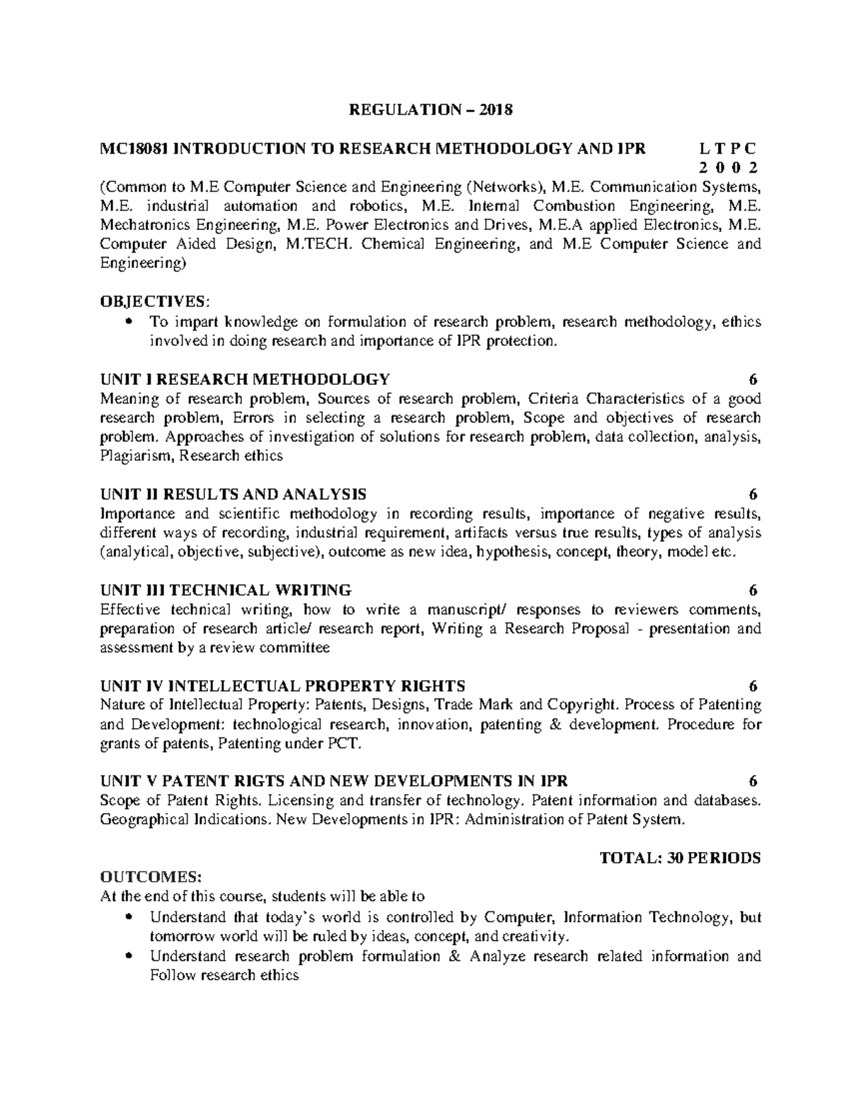 Research Methodology and IPR - REGULATION – 2018 MC18081 INTRODUCTION ...