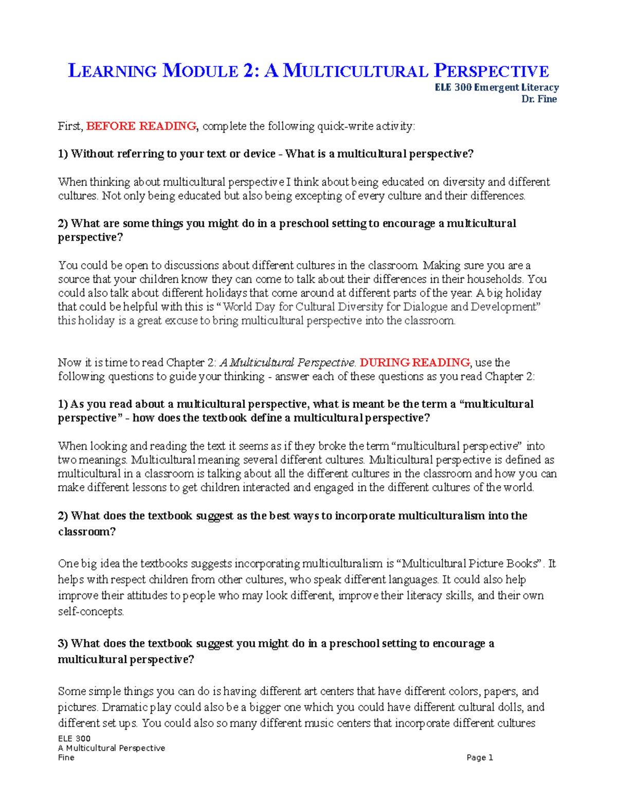 Learning Module 2 Reading Guide Multicultural Perspective Ch. 2 - LEARNING MODULE 2: A ...