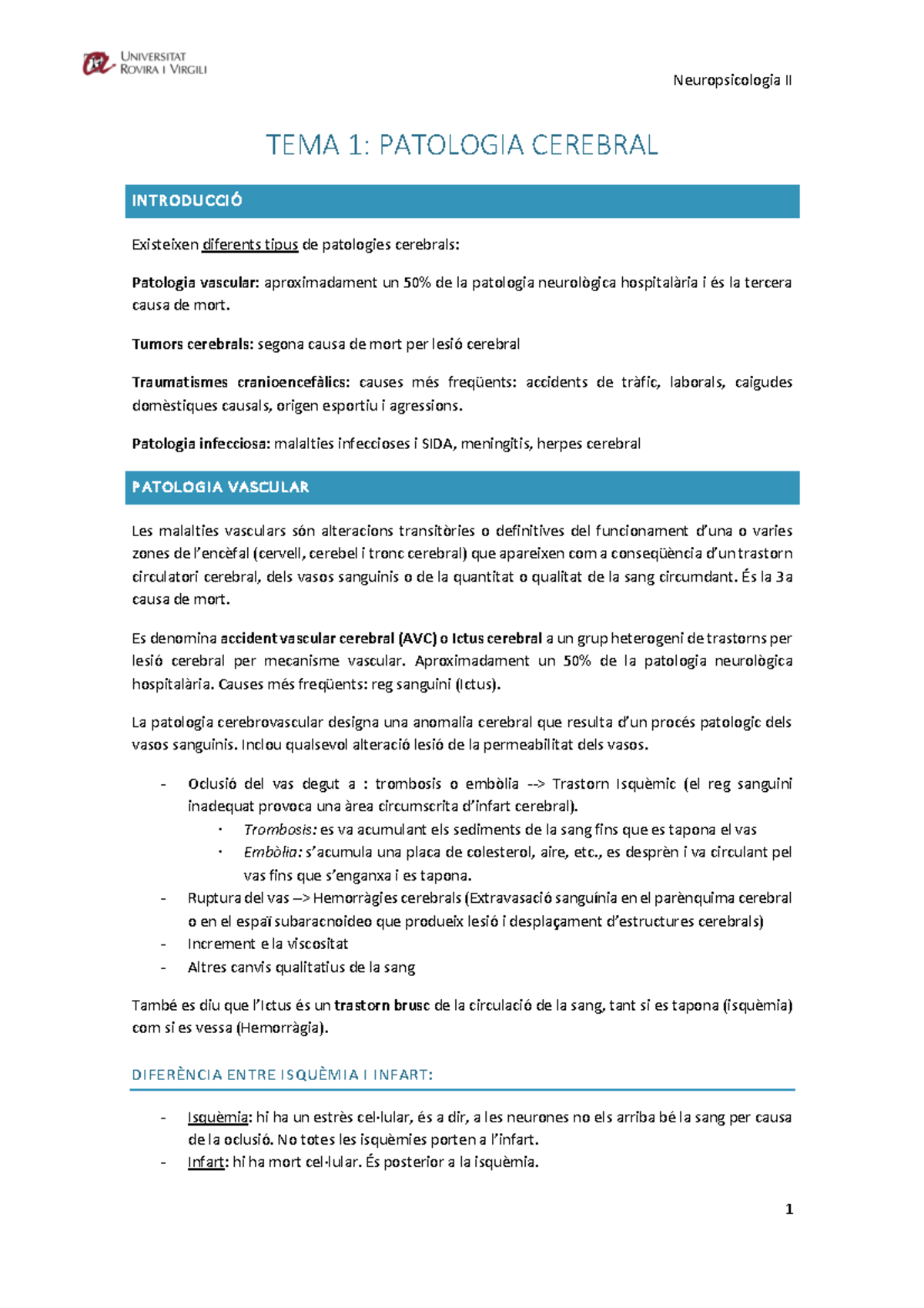 Neuropsicologia II Teoria - Warning: TT: undefined function: 32 TEMA 1: PATOLOGIA CEREBRAL - Studocu