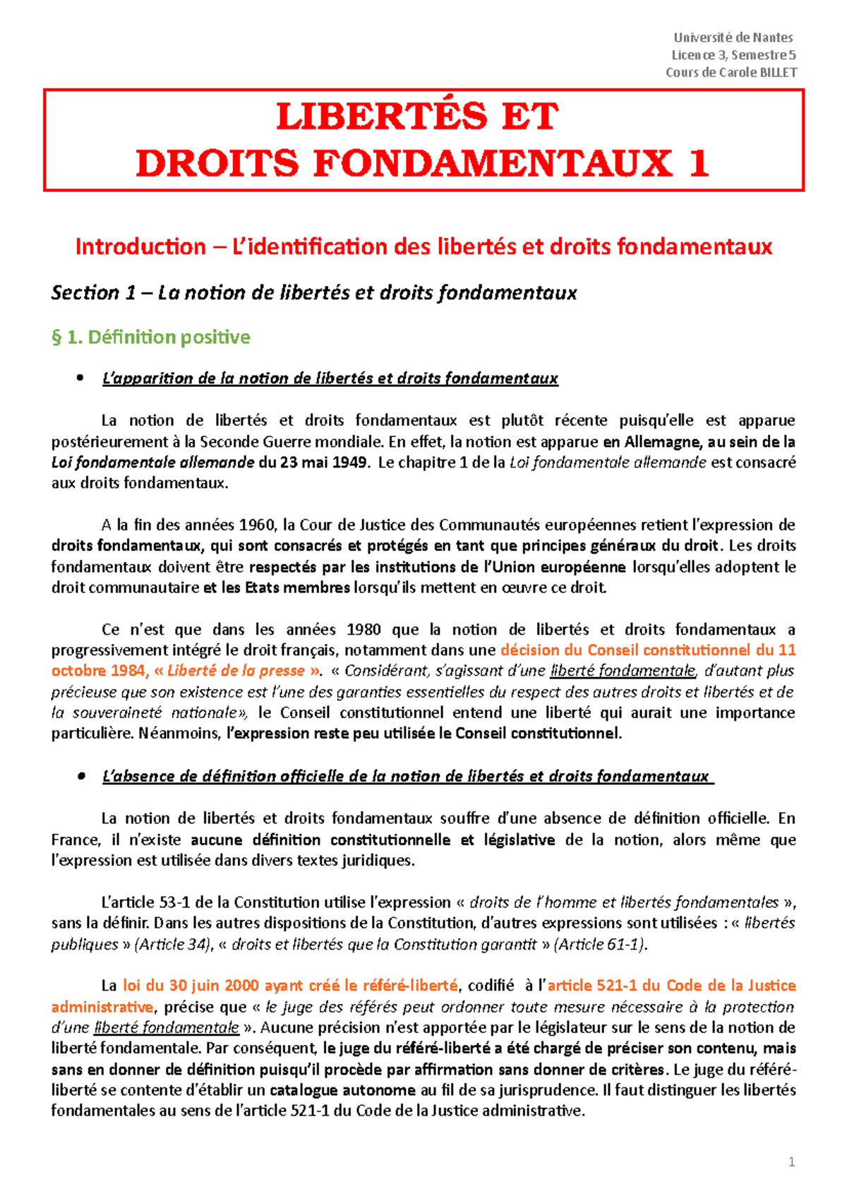 Libertés et droits fondamentaux 1 - Définition positive L’apparition de ...